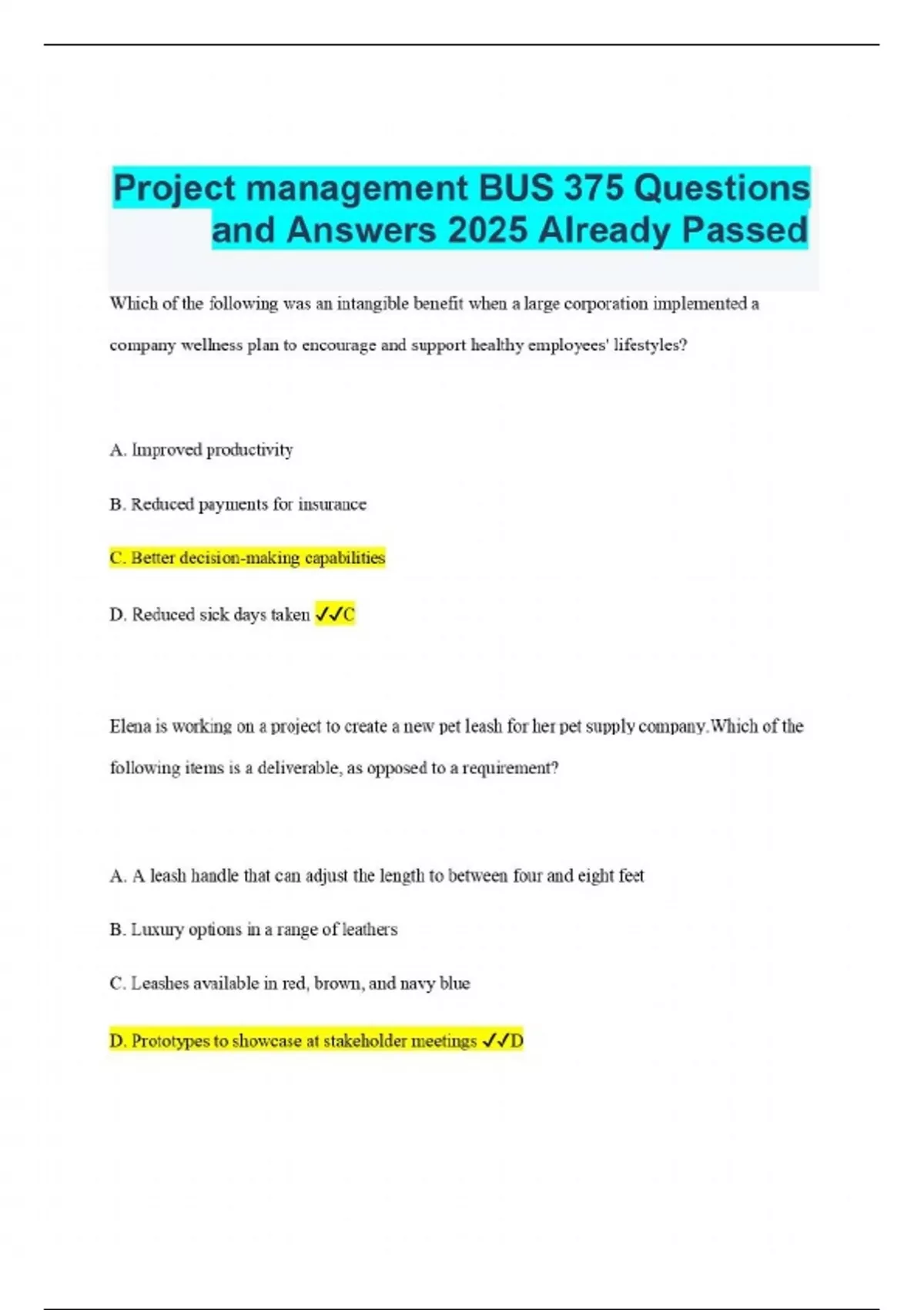 Project management BUS 375 Questions and Answers 2025 Already Passed ...