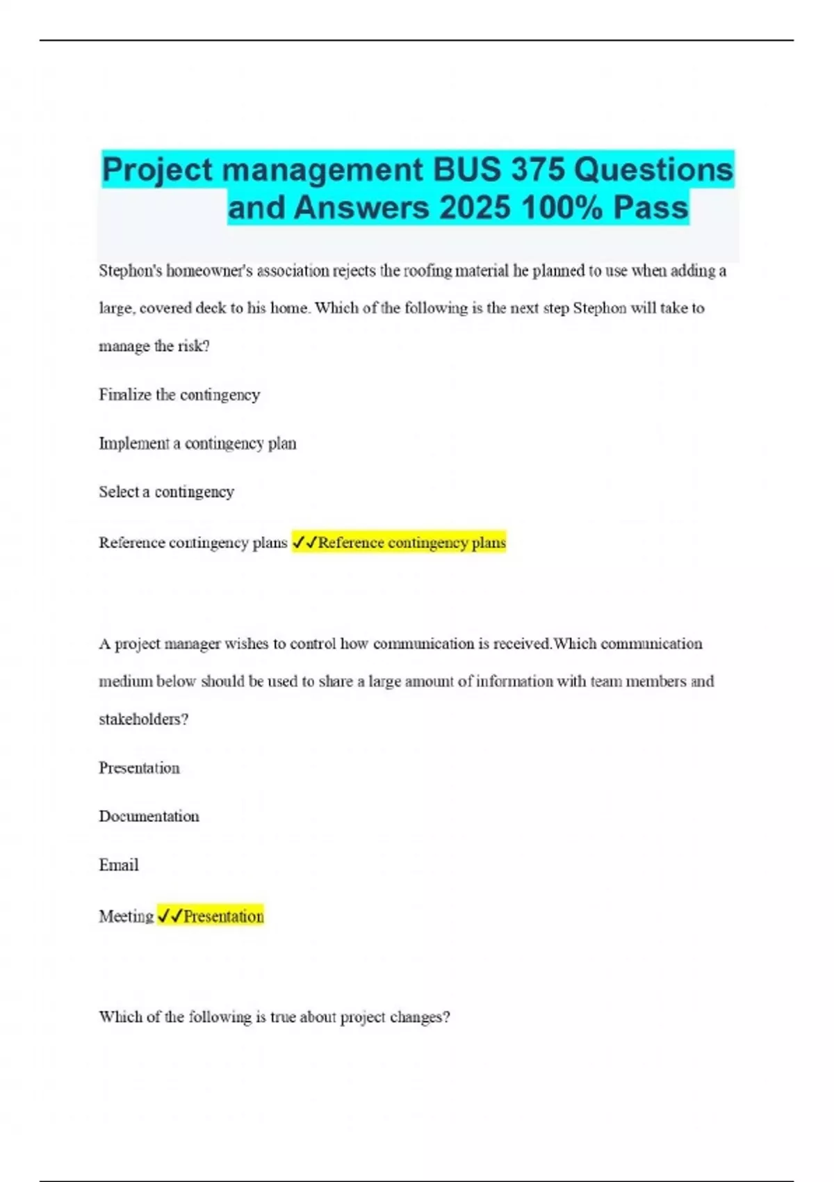 Project management BUS 375 Questions and Answers 2025 100% Pass ...