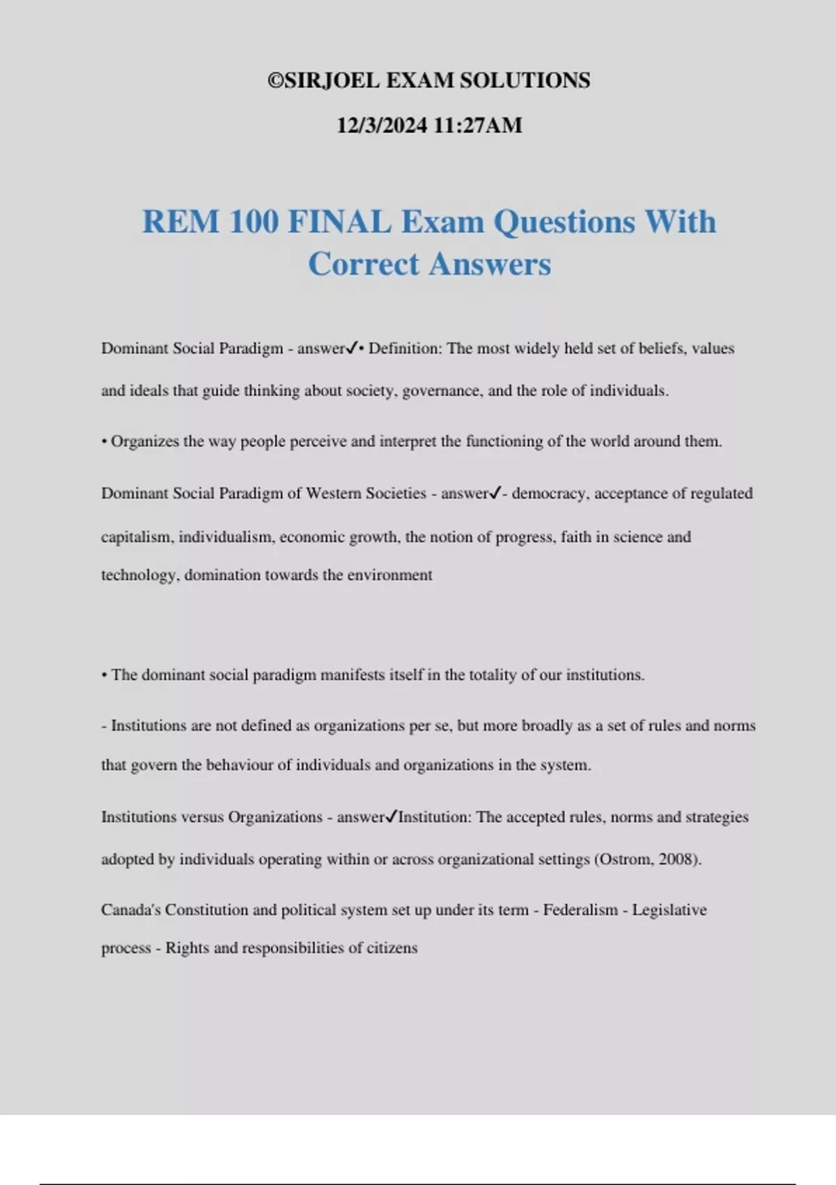 REM 100 FINAL Exam Questions With Correct Answers - REM 100 - Stuvia US