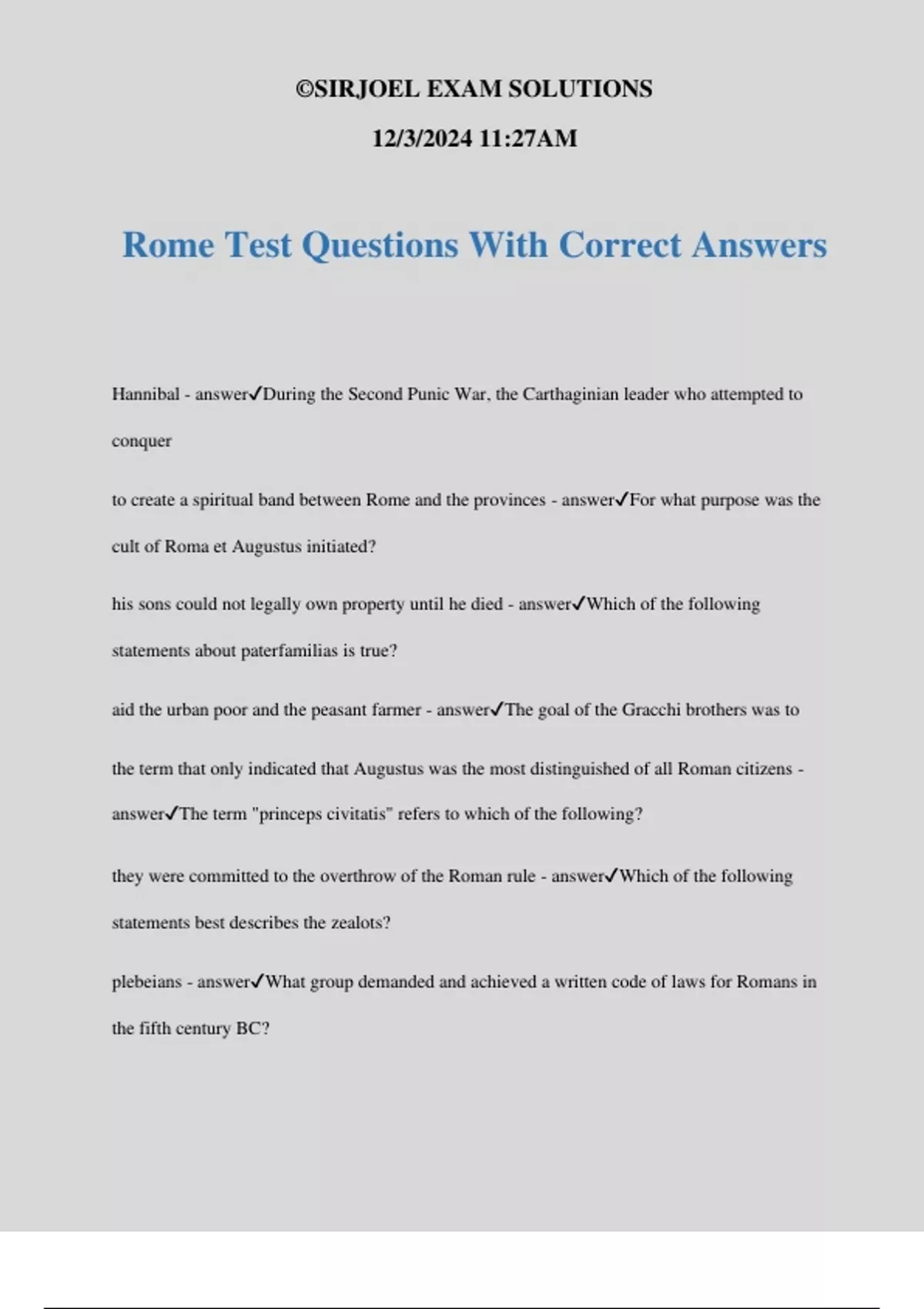 Rome Test Questions With Correct Answers - Rome - Stuvia US