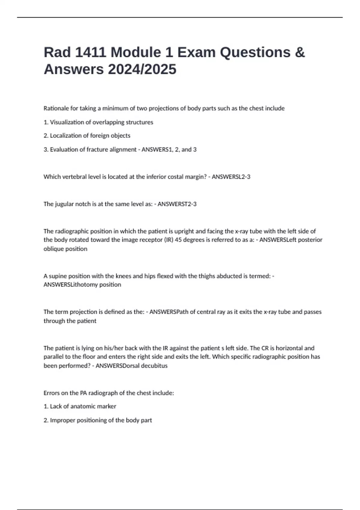 Rad 1411 Module 1 Exam Questions & Answers 2024/2025 - Rad 1411 Module ...
