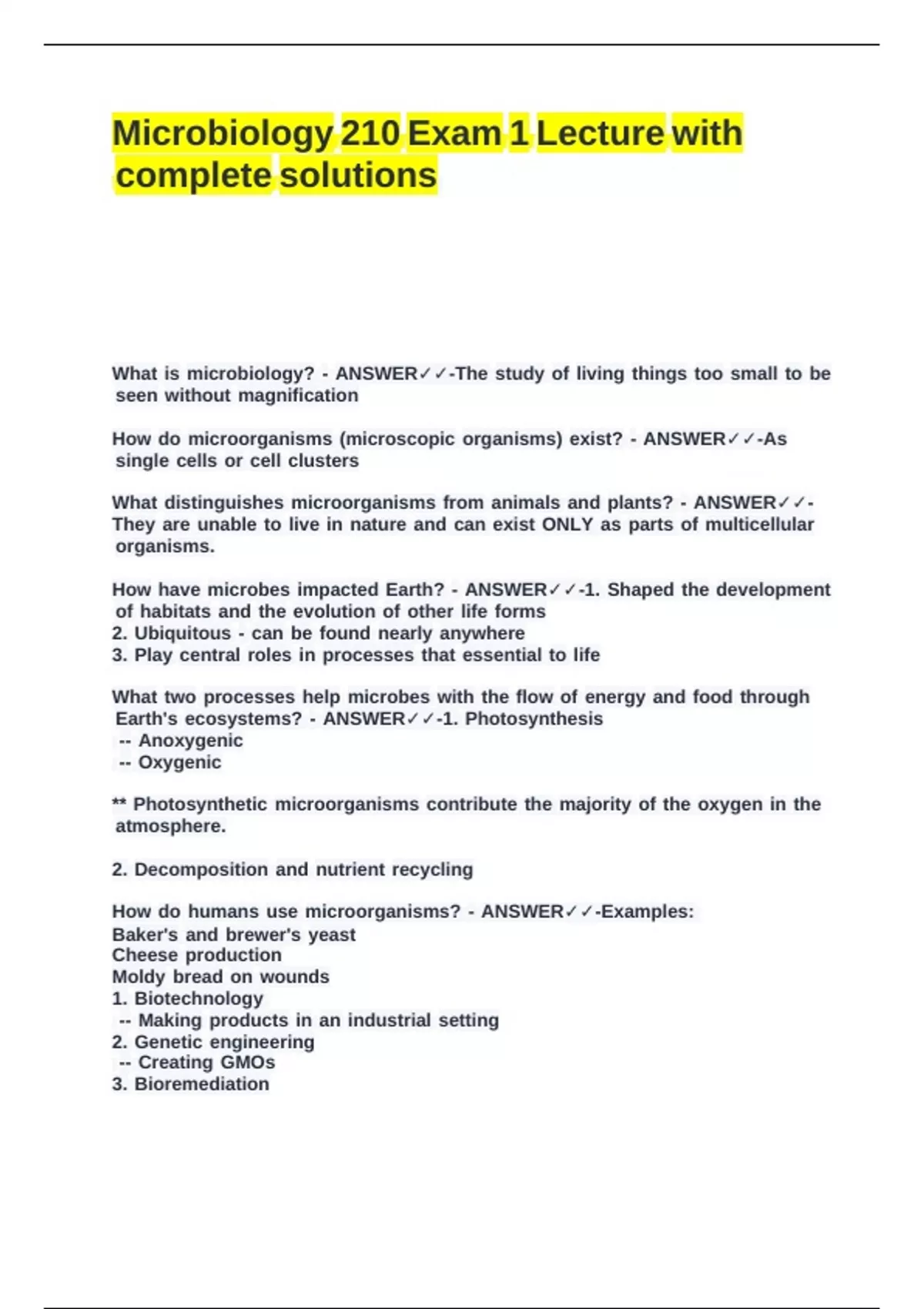 Microbiology 210 Exam 1 Lecture with complete solutions - Microbiology ...