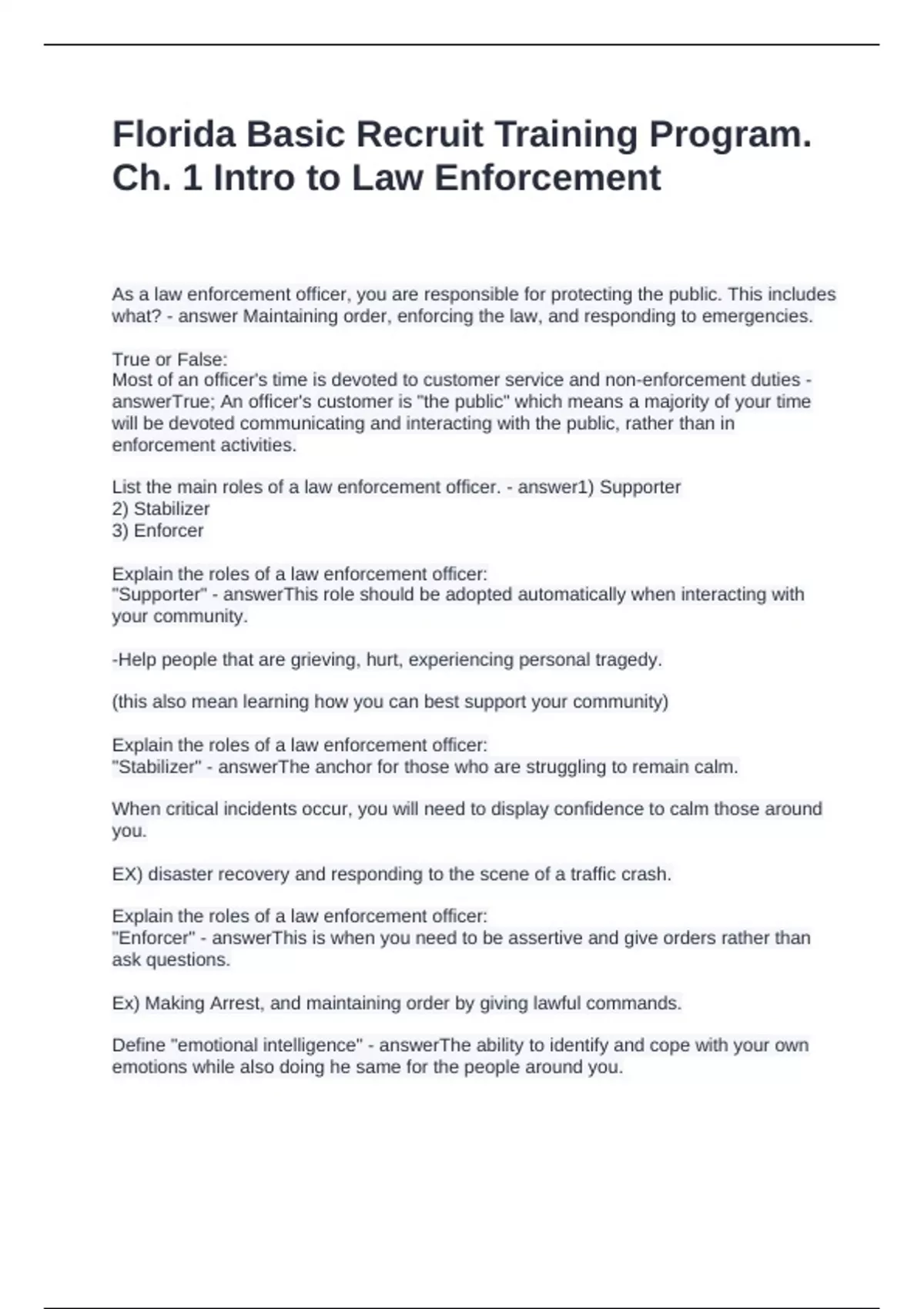 Florida Basic Recruit Training Program Ch 1 Intro To Law Enforcement