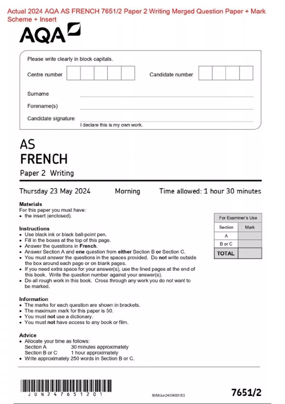 2024 AQA AS FRENCH 7651/2 Paper 2 Writing Question Paper & MarkScheme ...