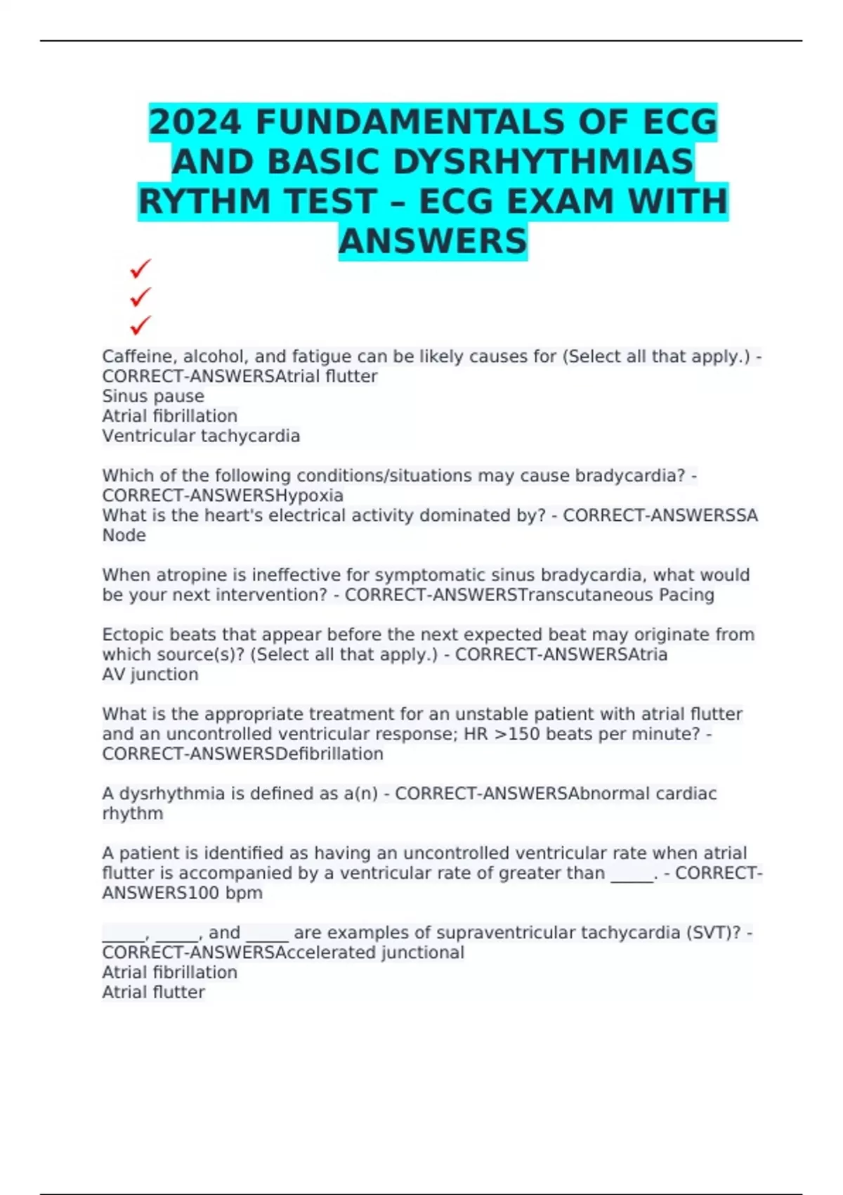 2024 FUNDAMENTALS OF ECG AND BASIC DYSRHYTHMIAS RYTHM TEST – ECG EXAM ...