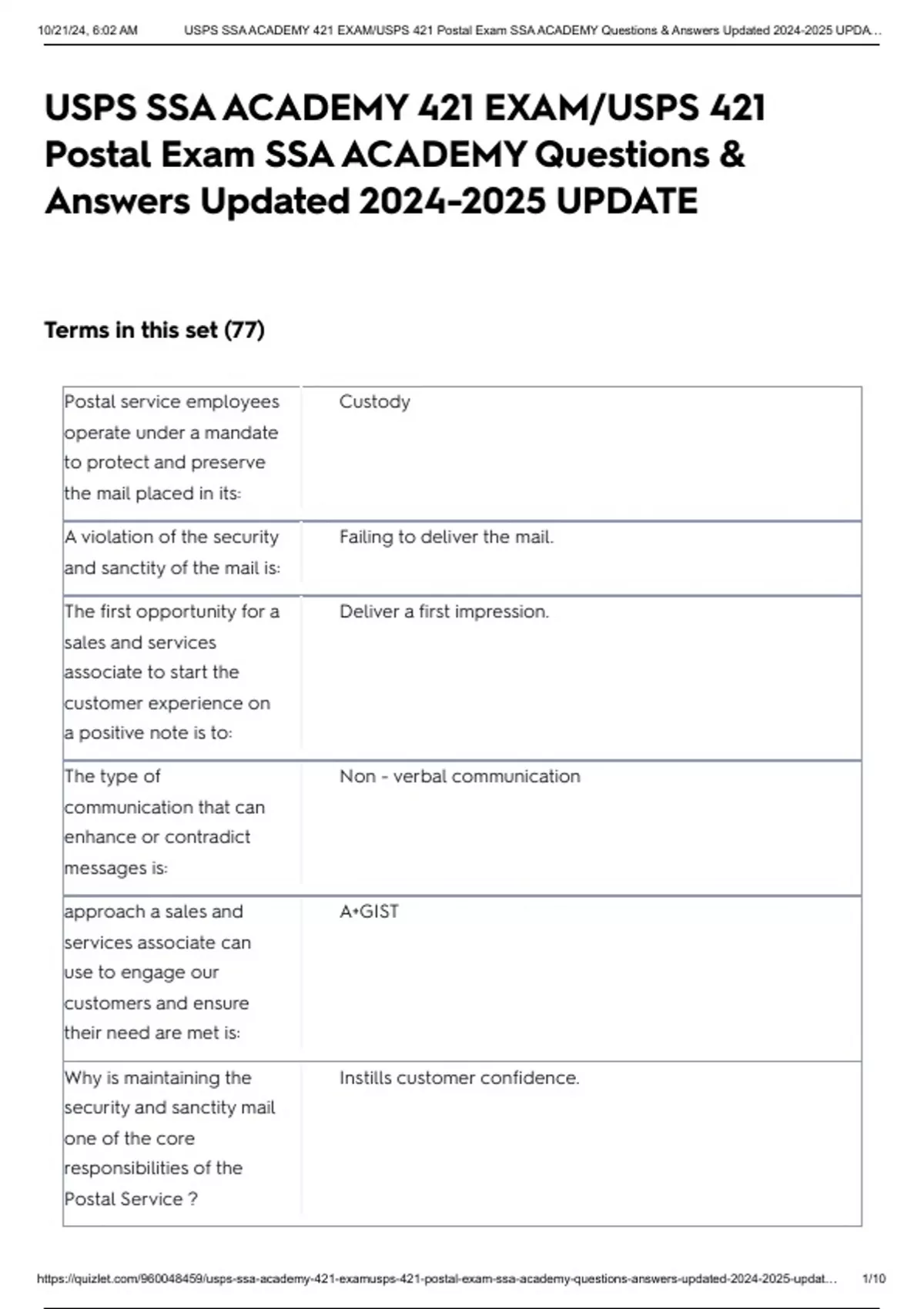USPS SSA ACADEMY 421 EXAM/USPS 421 Postal Exam SSA ACADEMY Questions ...