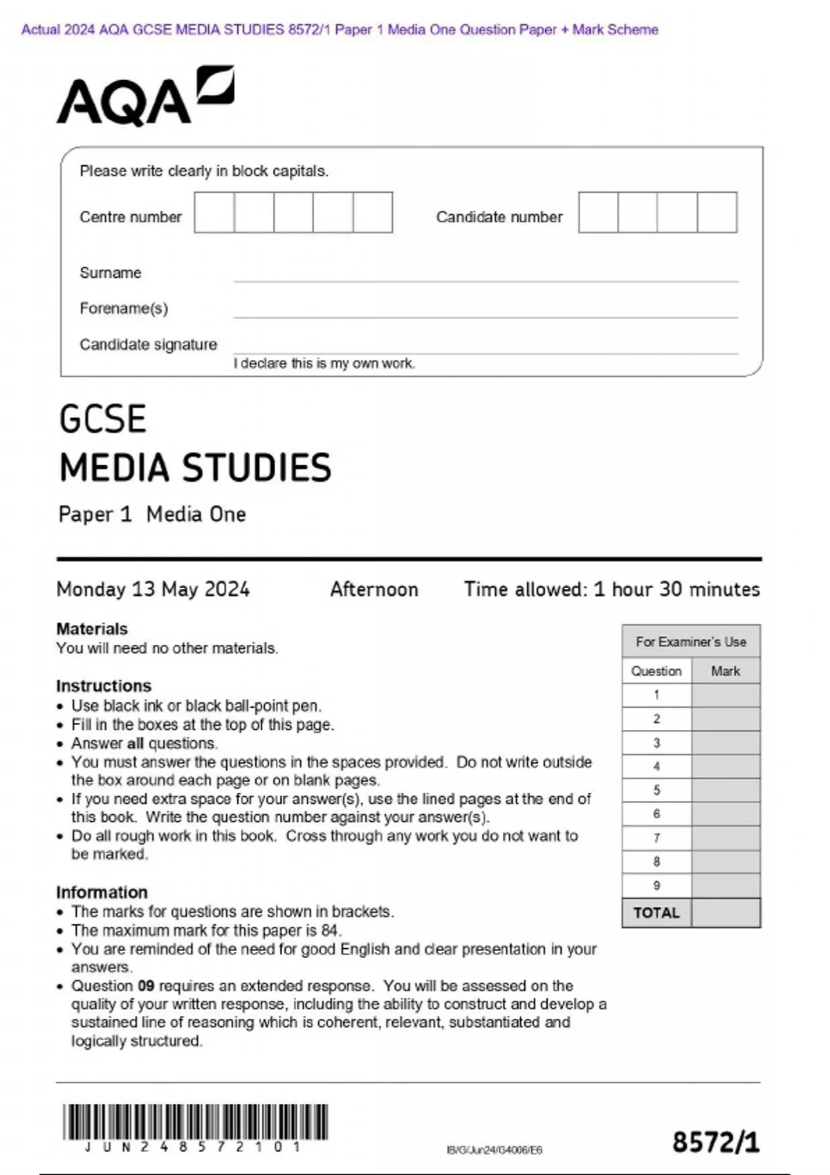 Actual 2024 AQA GCSE MEDIA STUDIES 8572/1 Paper 1 Media One Question ...