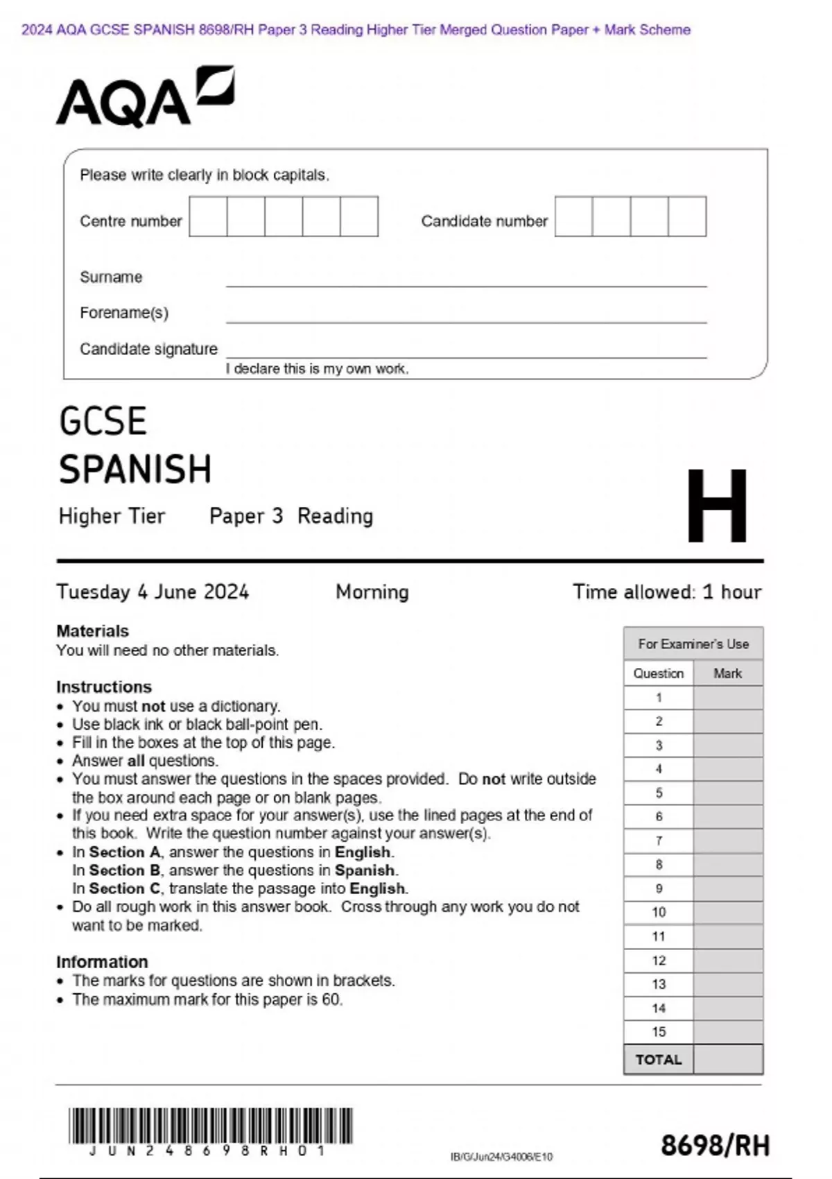 2024 AQA GCSE SPANISH 8698/RH Paper 3 Reading Higher Tier Merged ...