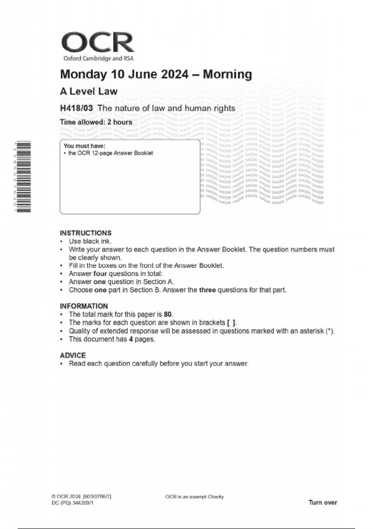OCR 2024 A Level Law H418/03 The nature of law and human rights ...