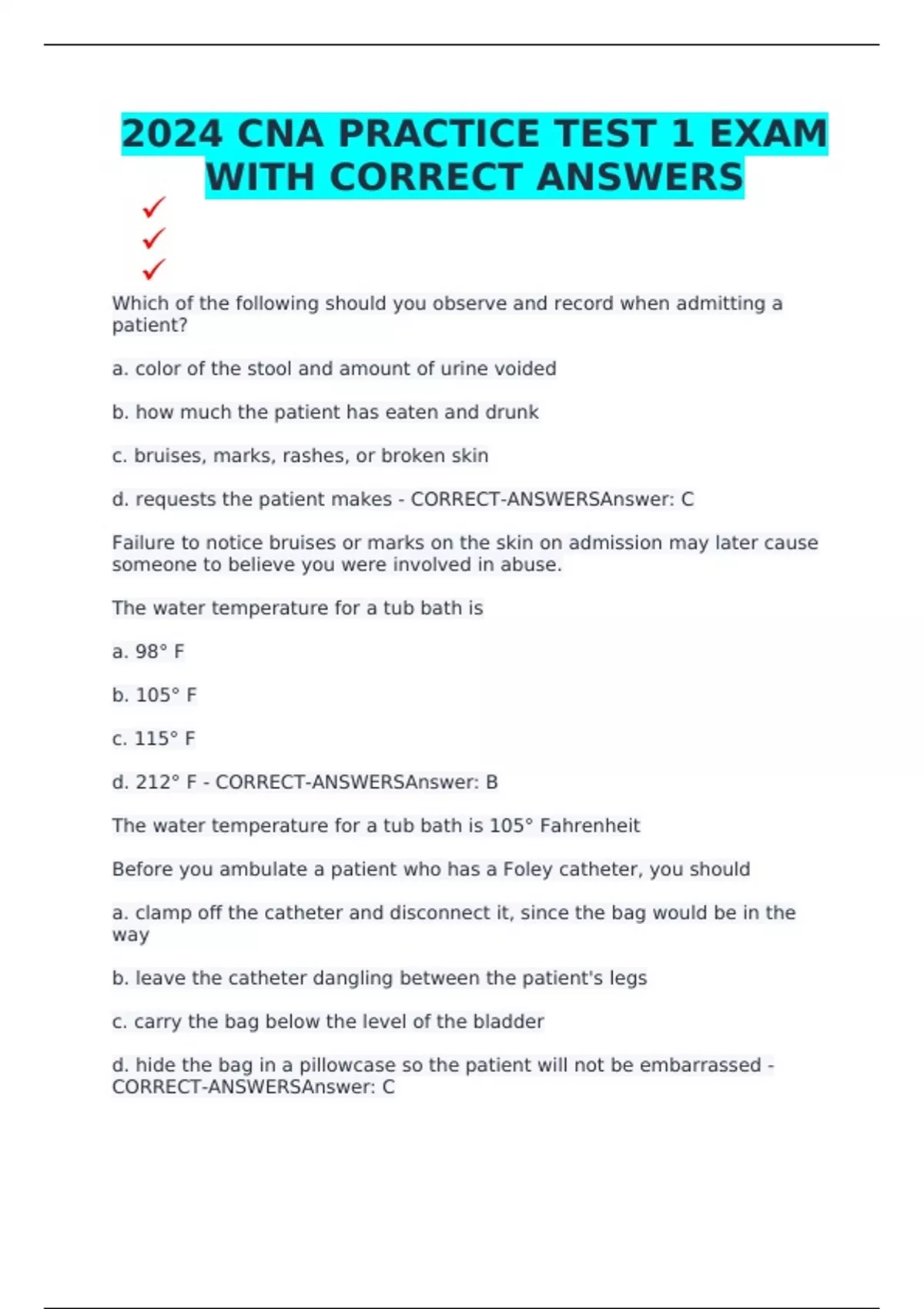 2024 CNA PRACTICE TEST 1 EXAM WITH CORRECT ANSWERS - CNA - Certified ...