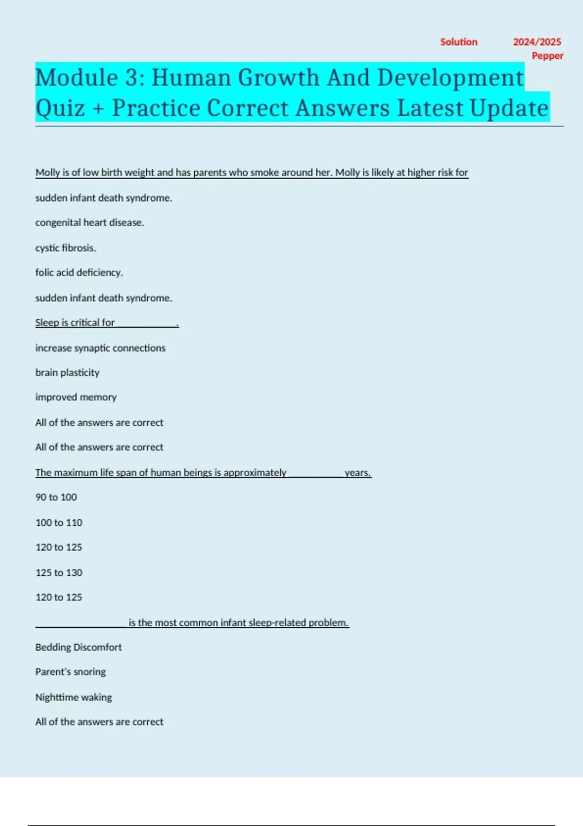 Module 3 Human Growth And Development Quiz + Practice Correct Answers ...