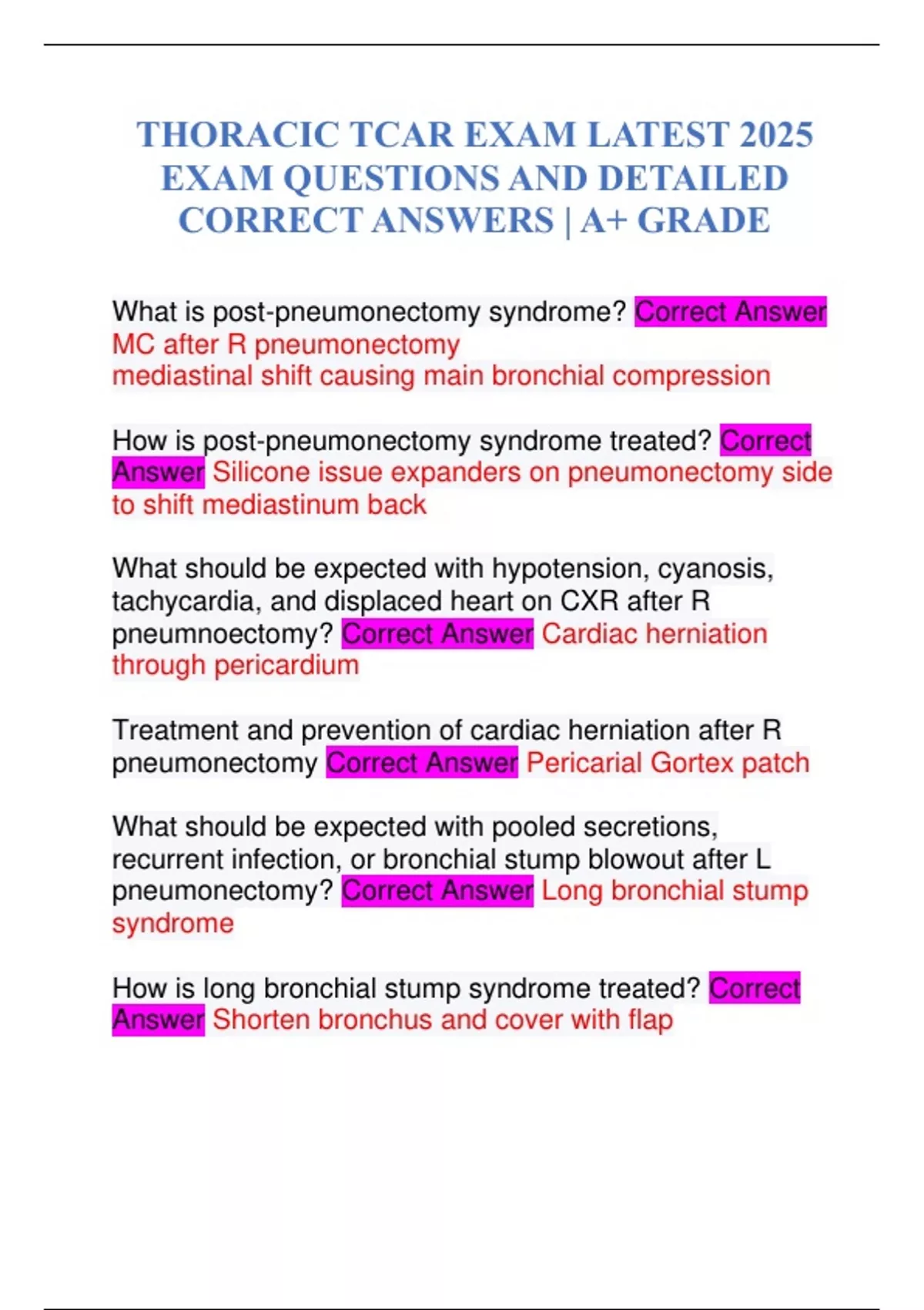 THORACIC TCAR EXAM LATEST 2025 EXAM QUESTIONS AND DETAILED CORRECT ...