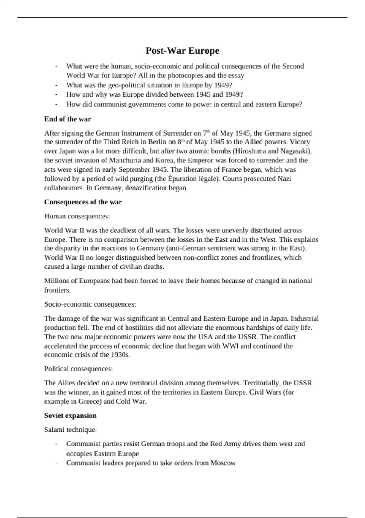 Summary Notes on Post-War Europe and China - History - Stuvia US