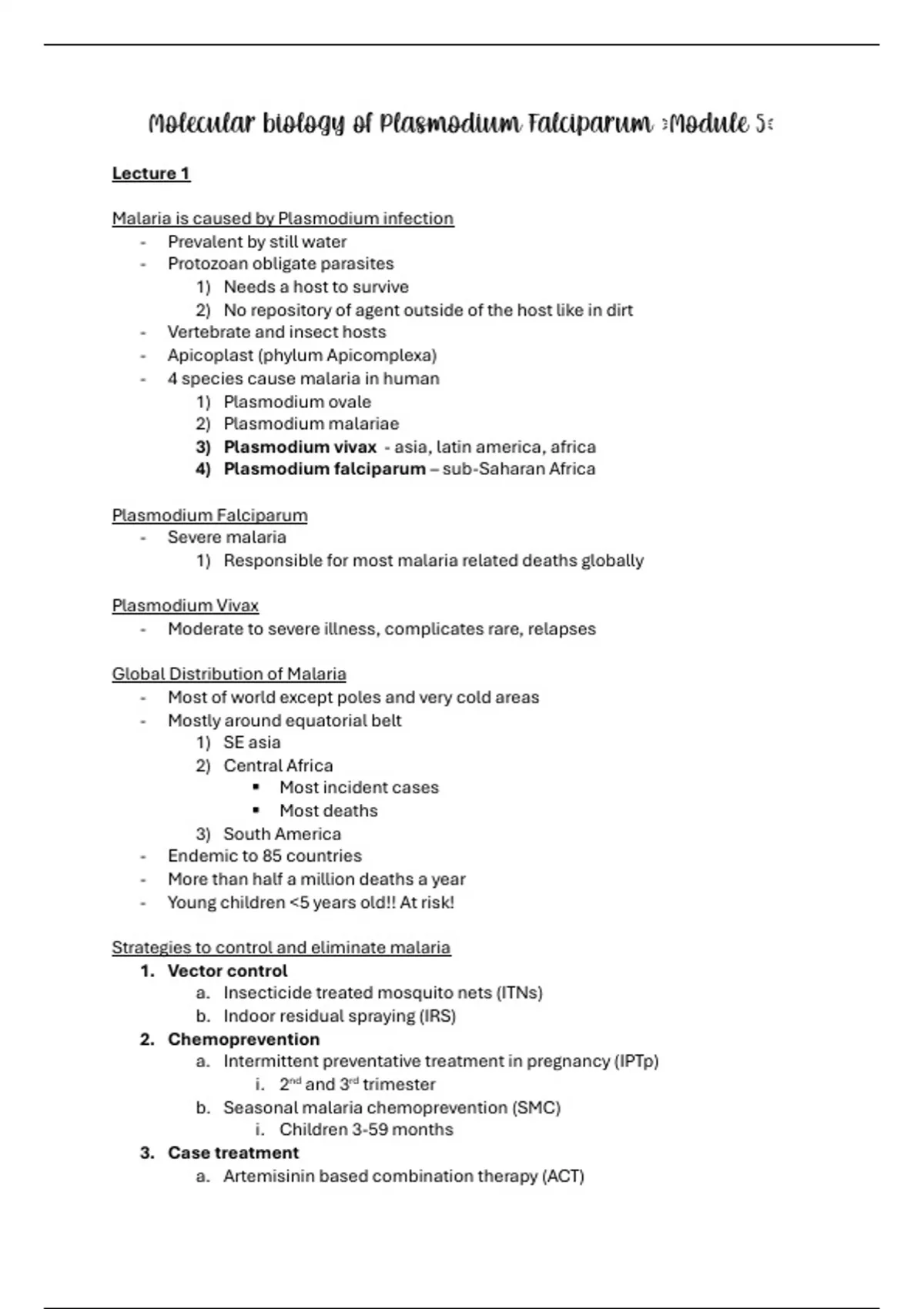 Summary Plasmodium Falciparum COMPLETE NOTES - MCB3024S (MCB3024S ...