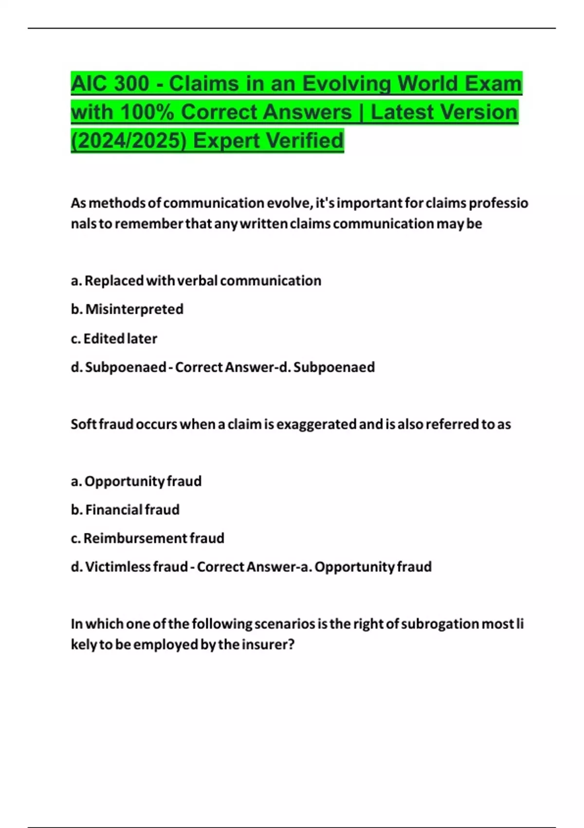 AIC 300 - Claims in an Evolving World Exam with 100% Correct Answers ...