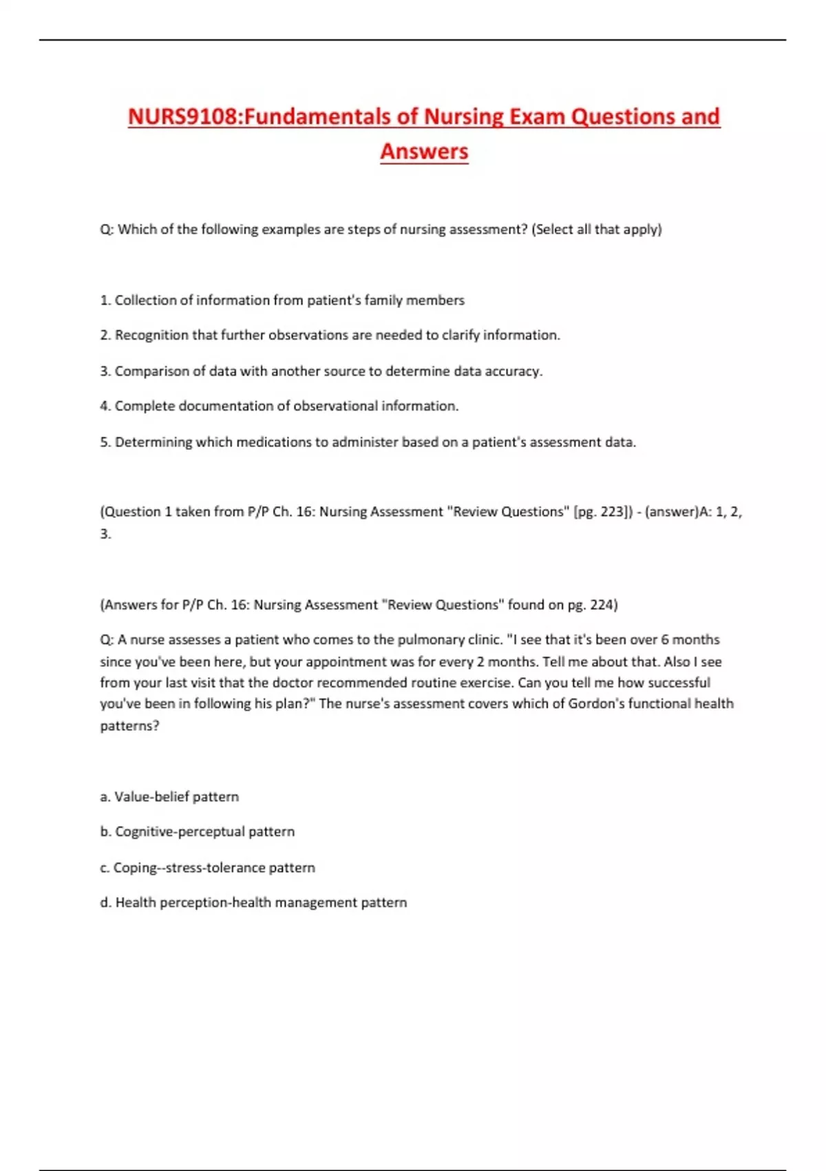 NURS9108:Fundamentals of Nursing Exam Questions and Answers - NURS9108 ...