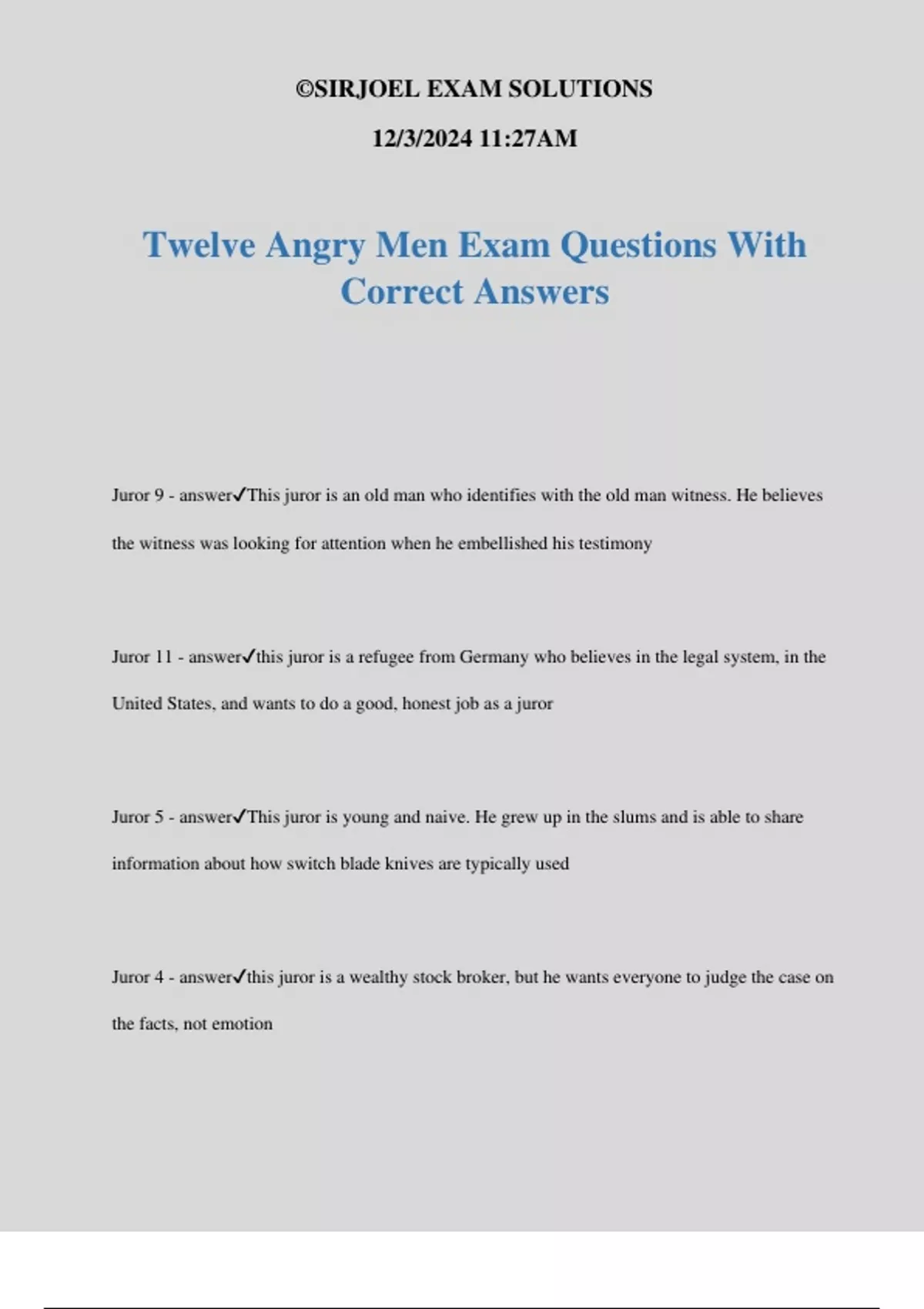 Twelve Angry Men Exam Questions With Correct Answers - Twelve Angry Men ...
