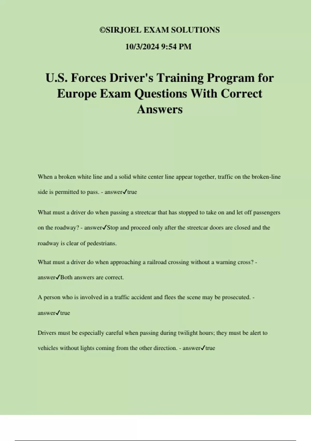 U.S. Forces Driver's Training Program for Europe Exam Questions With ...