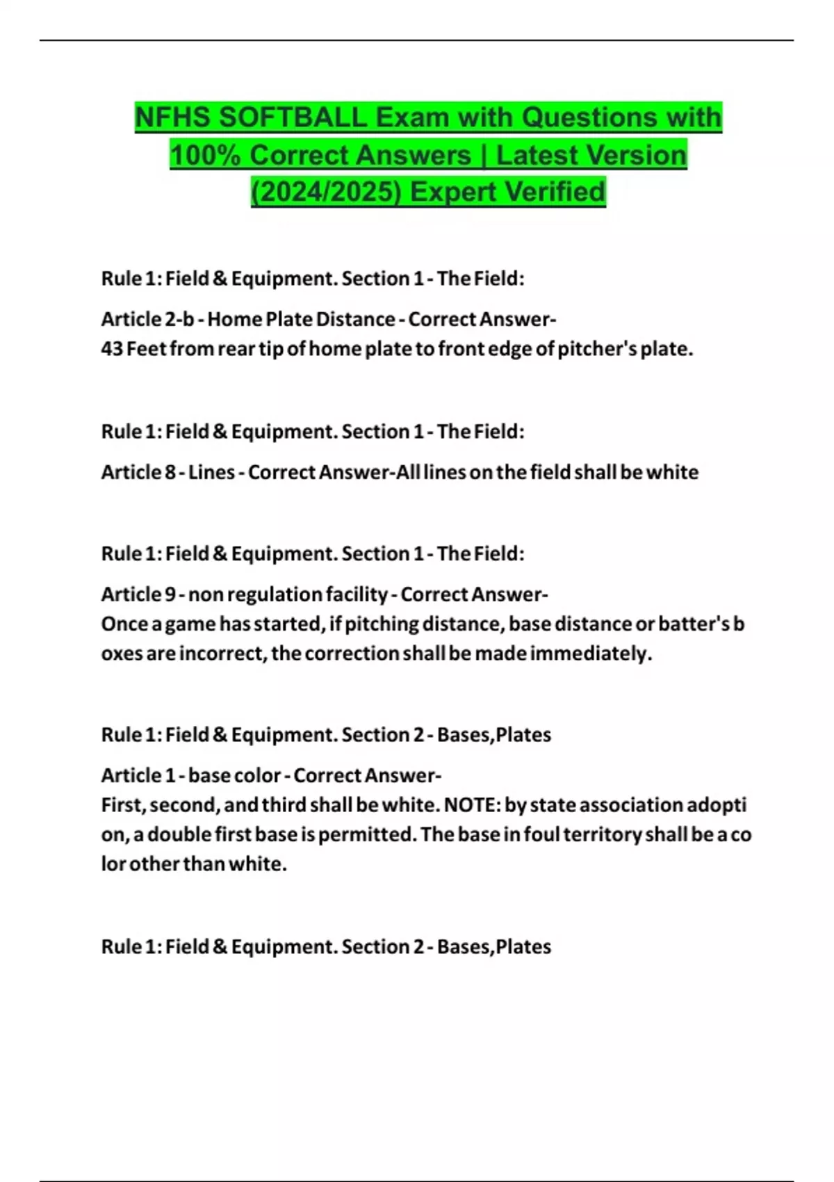 NFHS SOFTBALL Exam with Questions with 100% Correct Answers | Latest ...