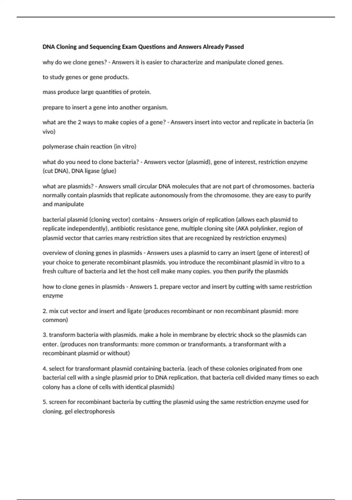 DNA Cloning and Sequencing Exam Questions and Answers Already Passed ...
