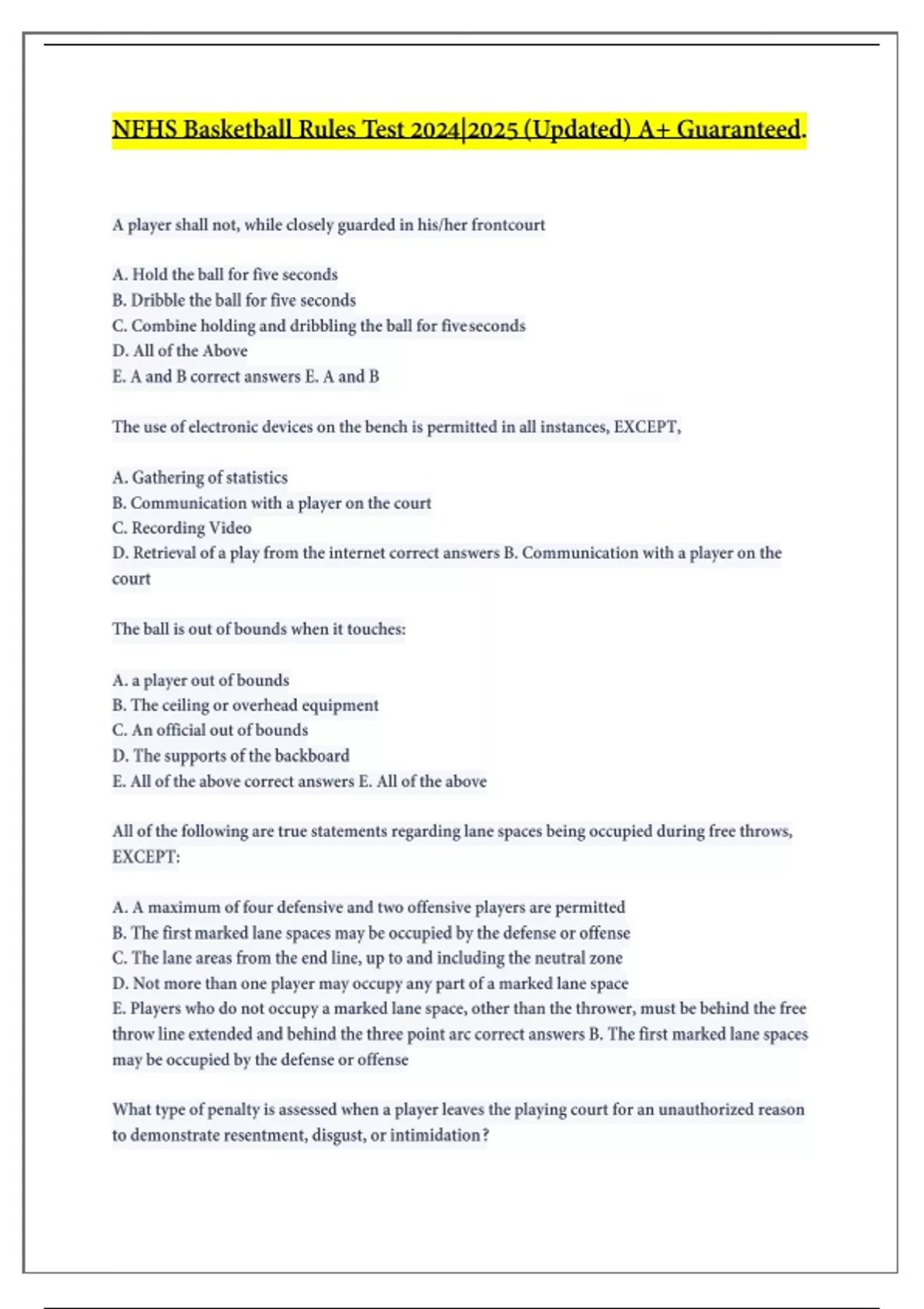 NFHS Basketball Rules Test 2024|2025 (Updated) A+ Guaranteed - NFHS ...