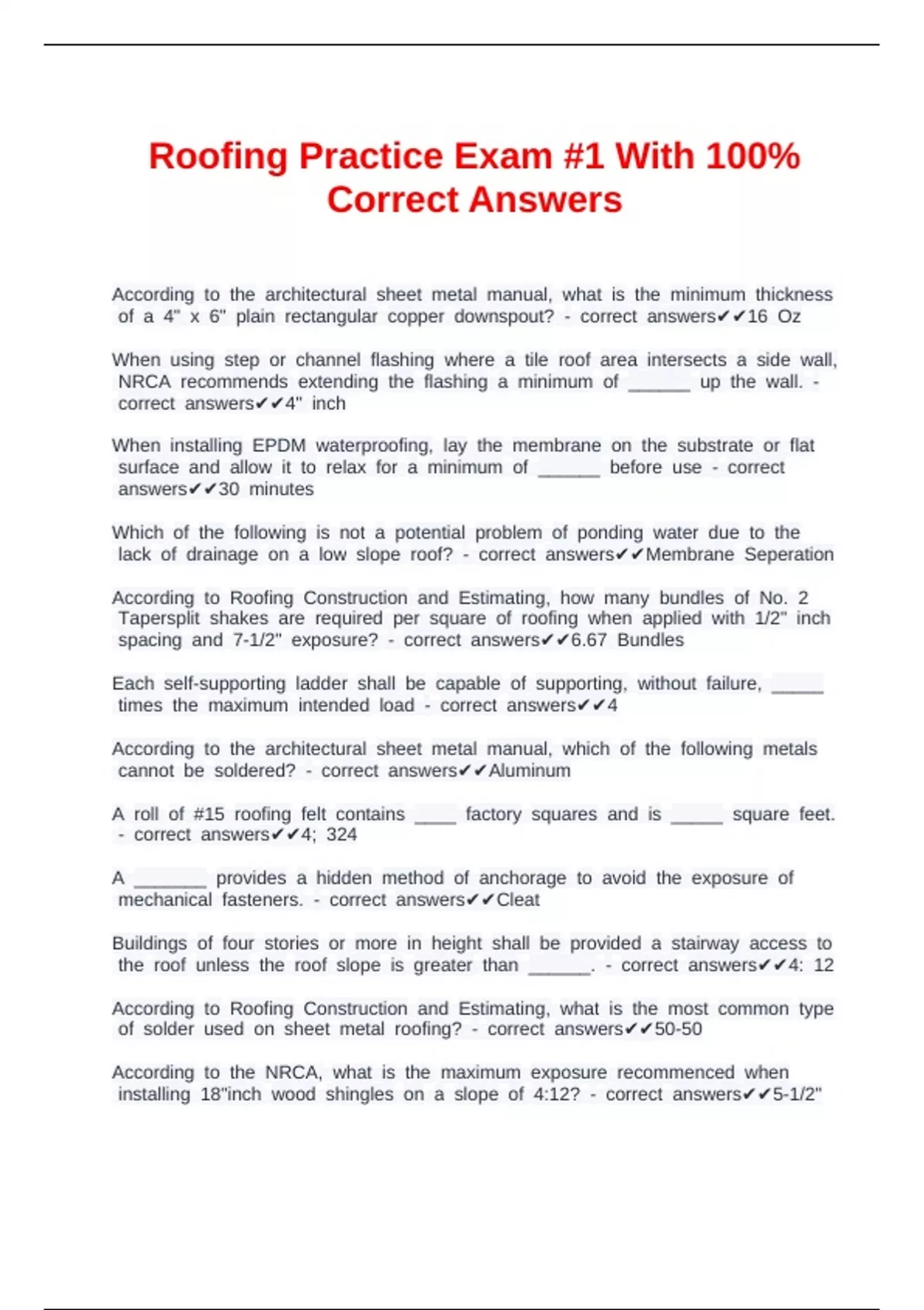 Roofing Practice Exam #1 With 100% Correct Answers - ROOFING - Stuvia US