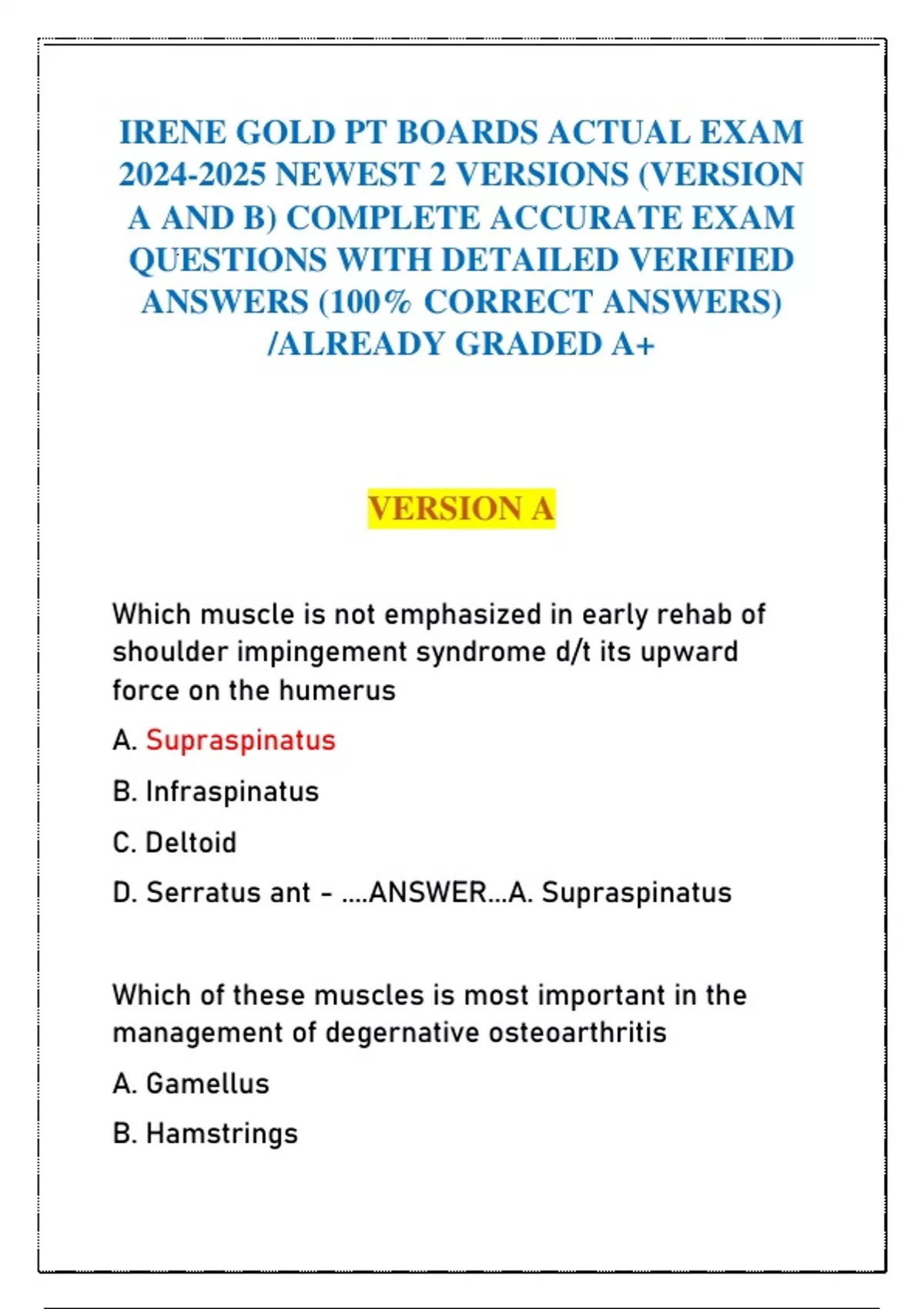 IRENE GOLD PT BOARDS ACTUAL EXAM NEWEST 2 VERSIONS (VERSION A AND B ...