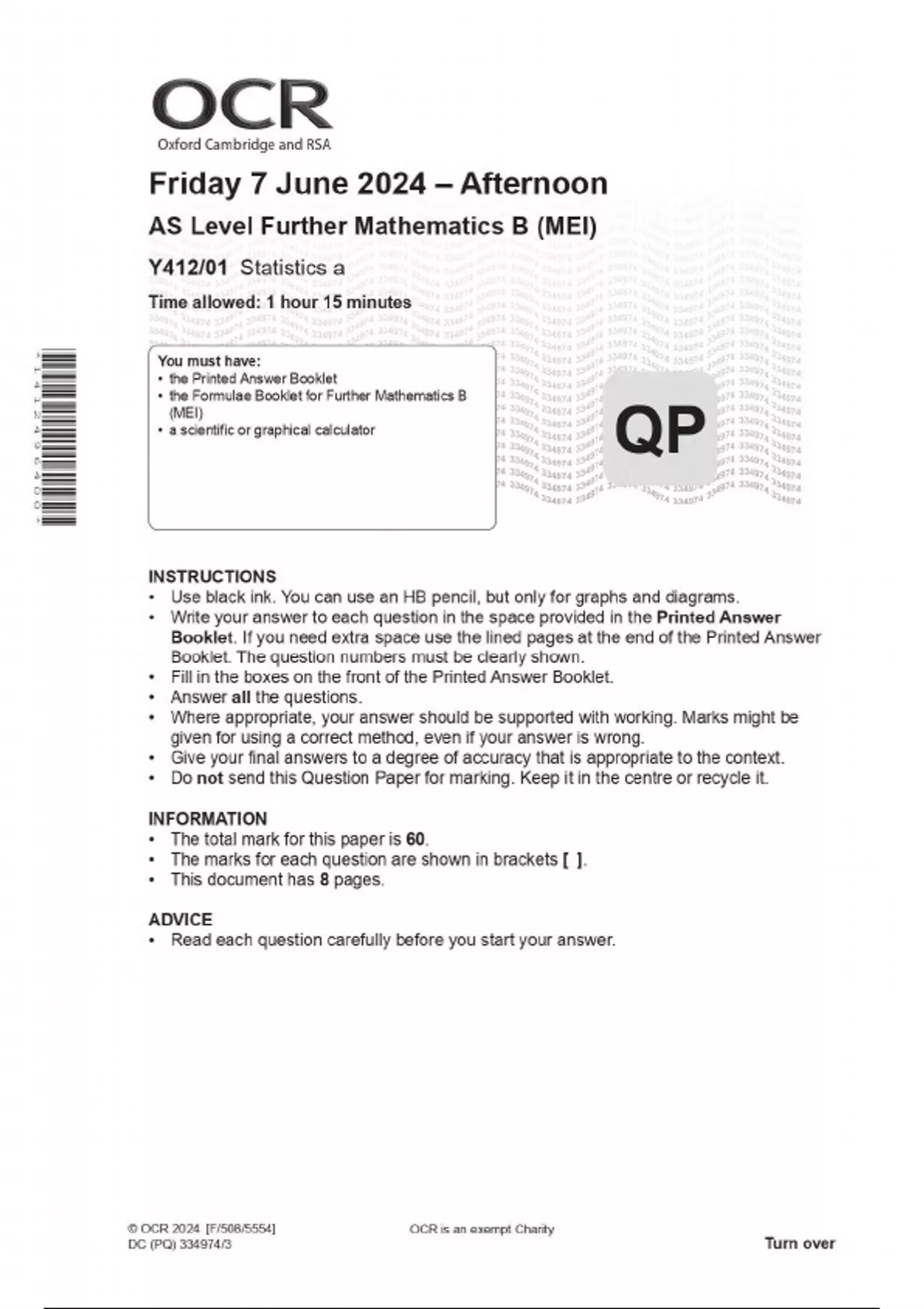OCR 2024 AS Level Further Mathematics B (MEI) Y412/01 Statistics a ...