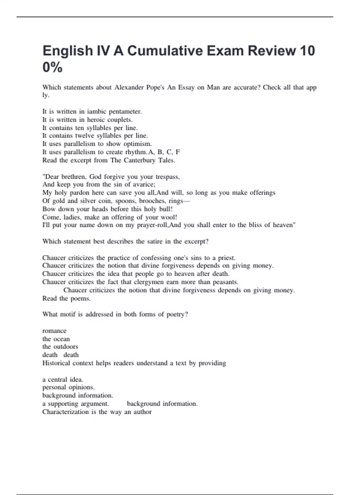 English IV A Cumulative Exam Review 100% - English IV A Cumulative ...