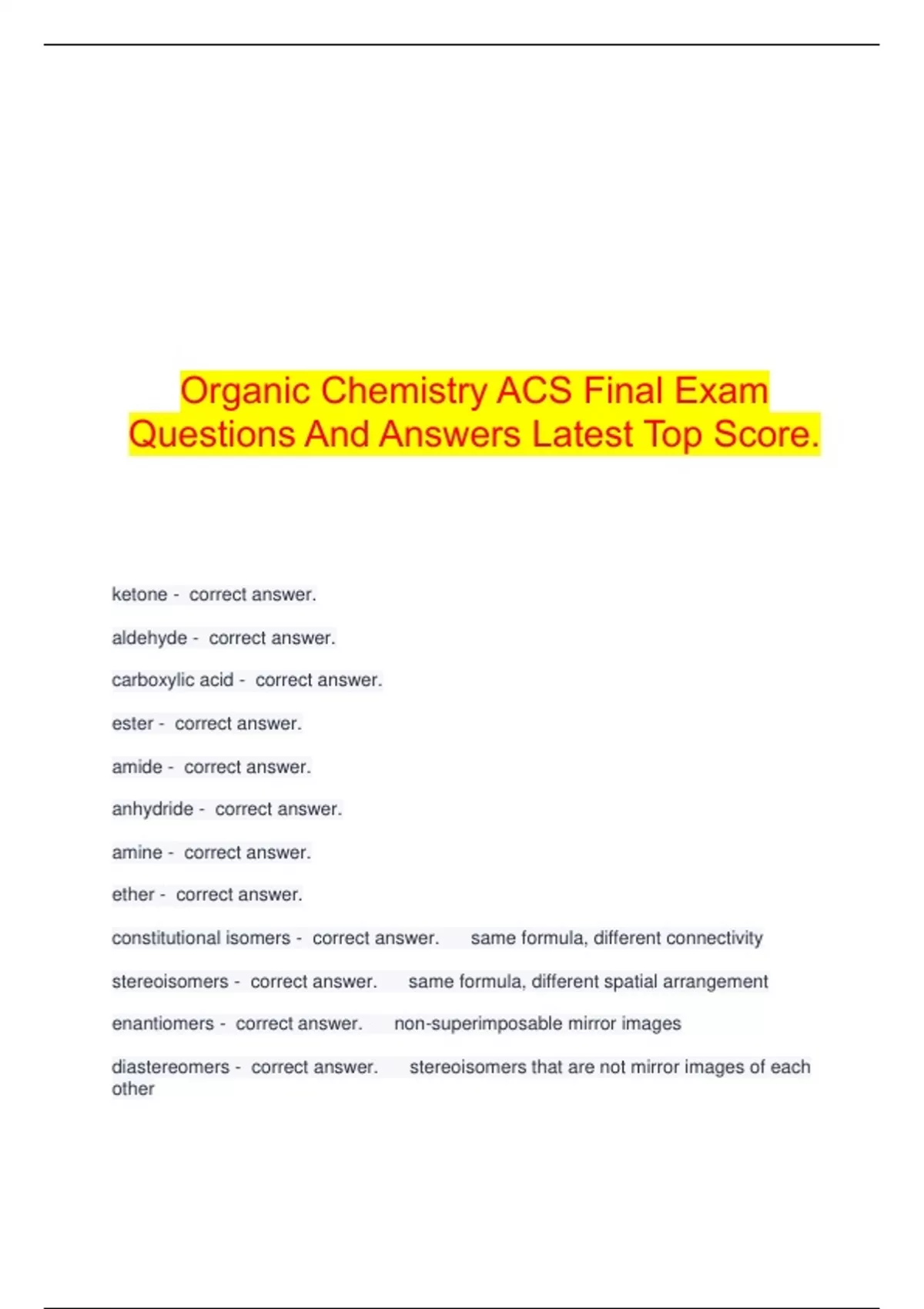 Organic Chemistry ACS Final Exam Questions And Answers Latest Top Score ...