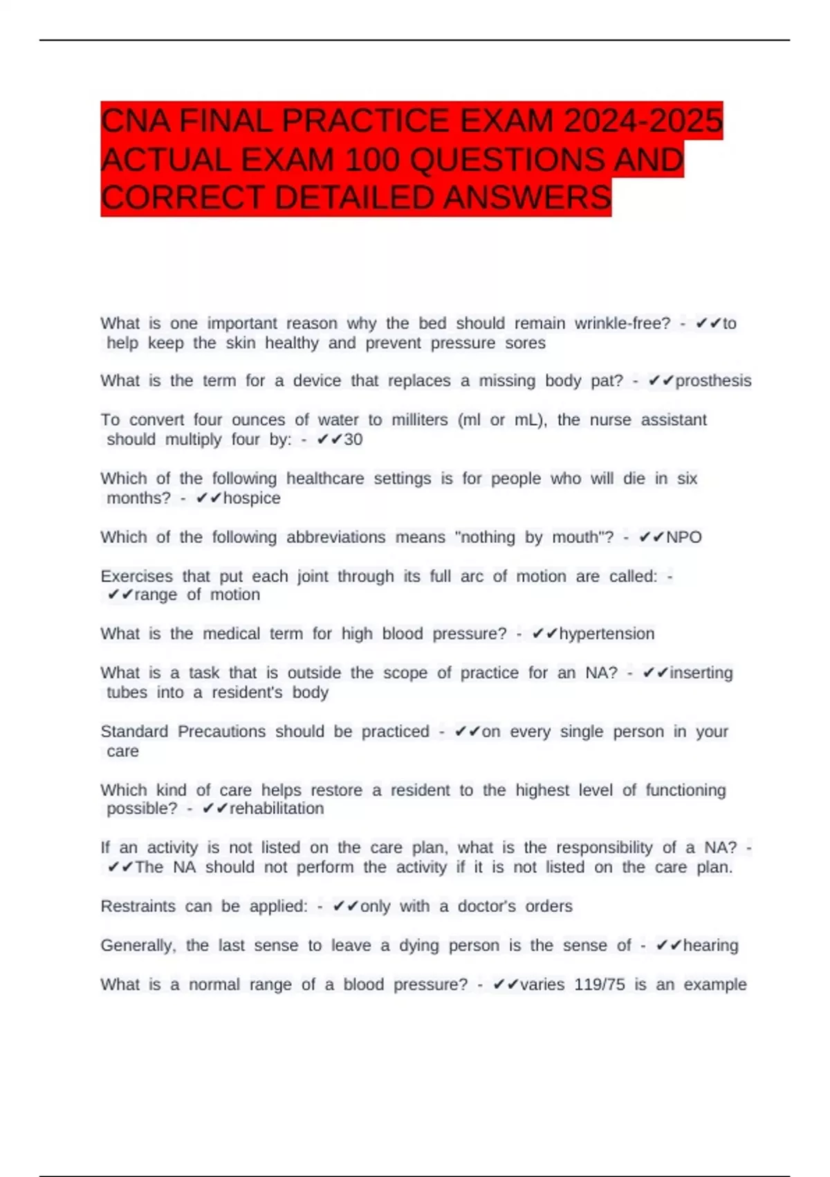 CNA FINAL PRACTICE EXAM ACTUAL EXAM 100 QUESTIONS AND CORRECT DETAILED ...