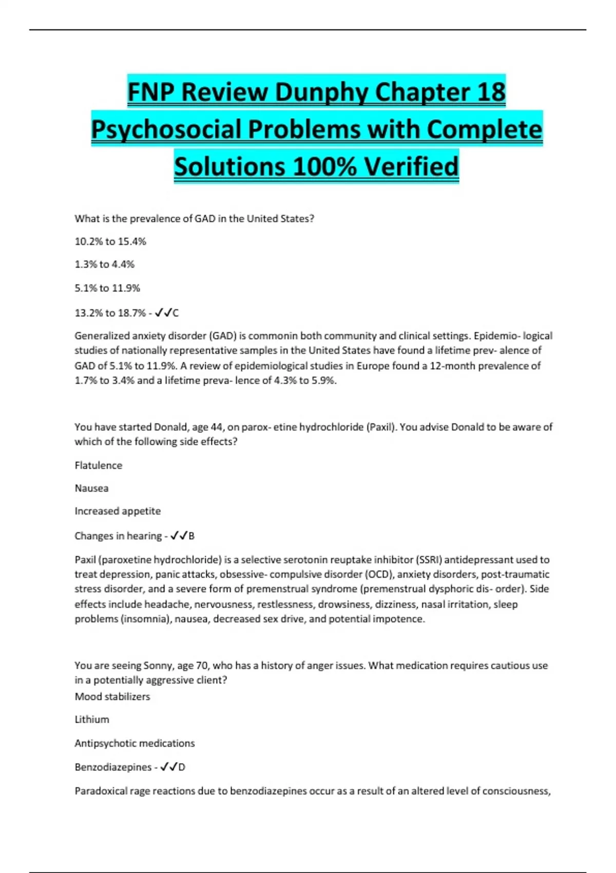 FNP Review Dunphy Chapter 18 Psychosocial Problems with Complete ...