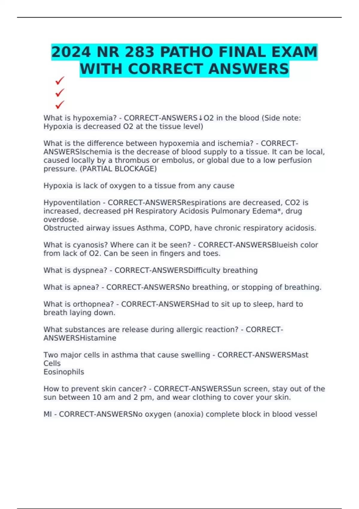 2024 NR 283 PATHO FINAL EXAM WITH CORRECT ANSWERS - NR 283 PATHO ...