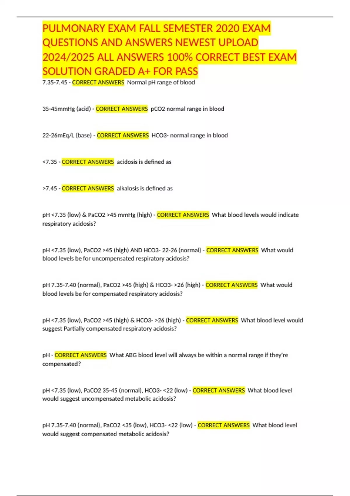 PULMONARY EXAM FALL SEMESTER 2020 EXAM QUESTIONS AND ANSWERS NEWEST ...