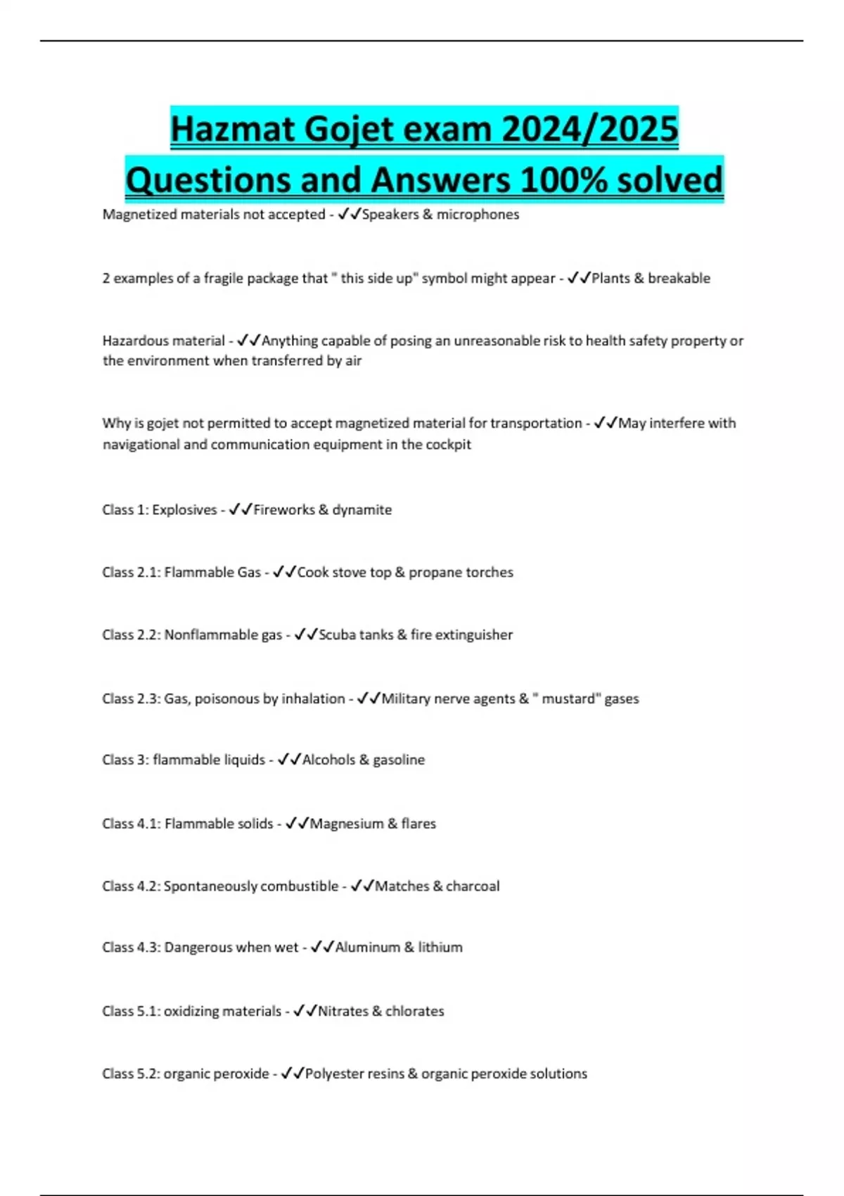 Hazmat Gojet exam 2024/2025 Questions and Answers 100% solved - Hazmat ...