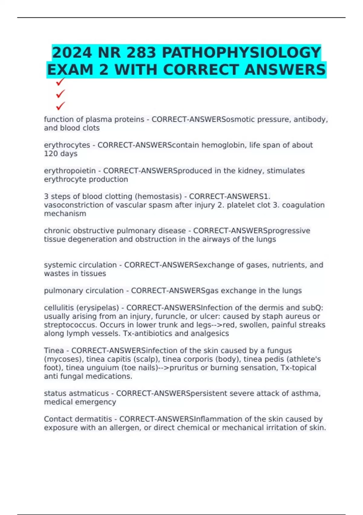2024 NR 283 PATHOPHYSIOLOGY EXAM 2 WITH CORRECT ANSWERS - NR 283 ...