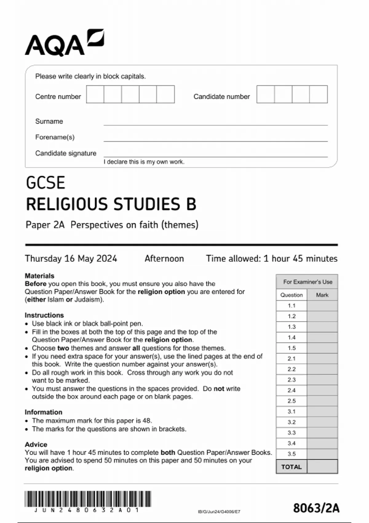 AQA GCSE RELIGIOUS STUDIES B PAPER 1 QUESTION PAPER 2024 (8063/2A ...