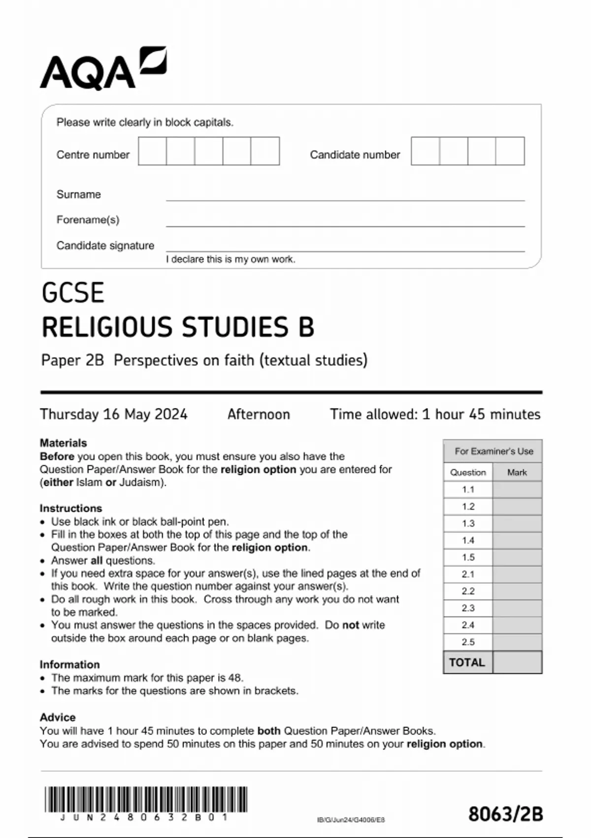 AQA GCSE RELIGIOUS STUDIES B PAPER 2 QUESTION PAPER 2024 (8063/2B ...