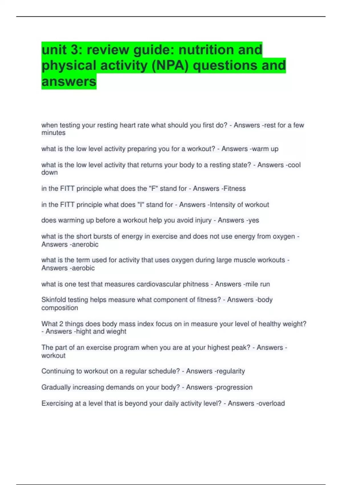 unit 3 review guide nutrition and physical activity (NPA) questions and ...