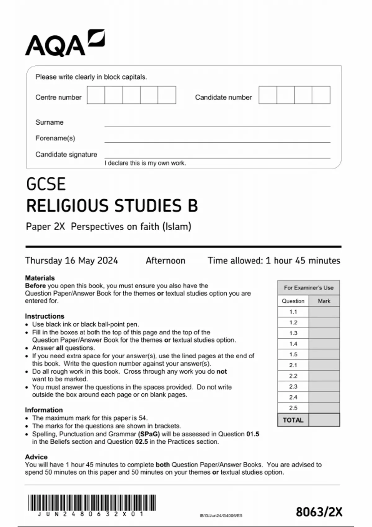 AQA GCSE RELIGIOUS STUDIES B PAPER 2 QUESTION PAPER 2024 (8063/2X ...