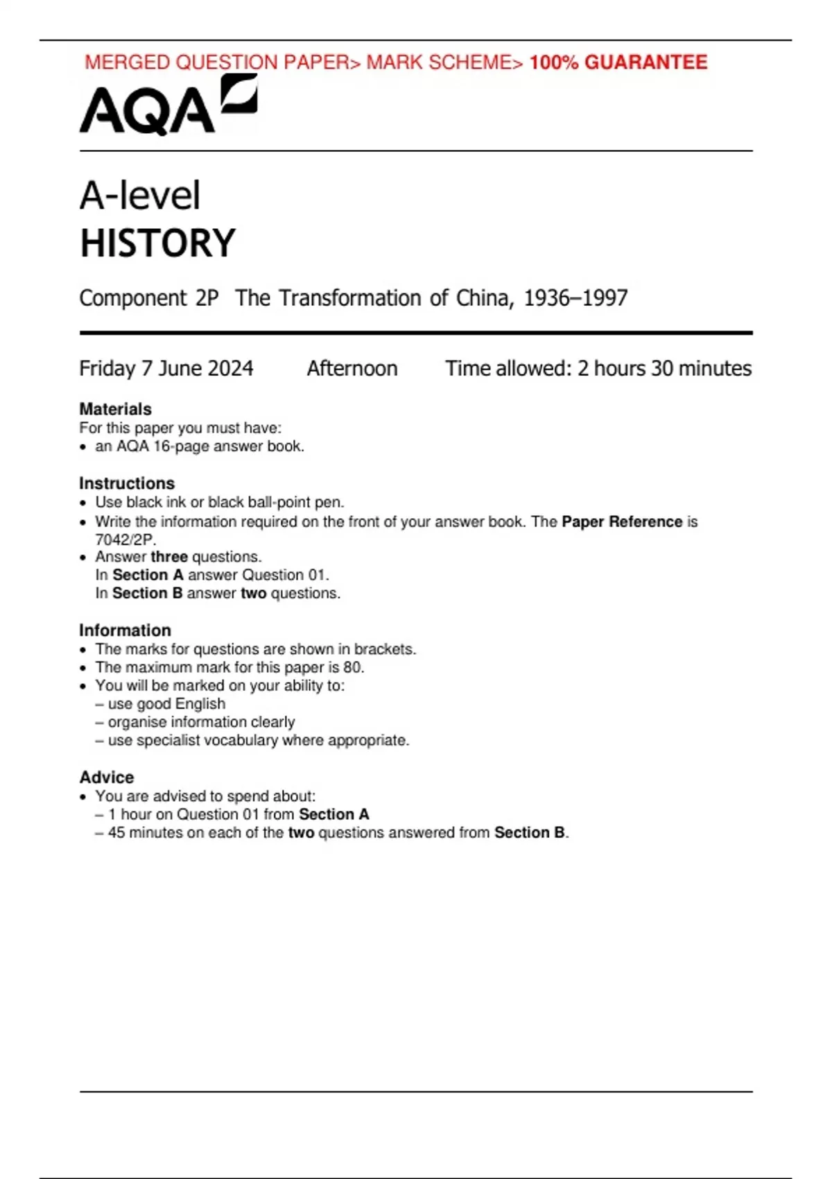 AQA JUNE 2024 A-level HISTORY Component 2P The Transformation of China ...