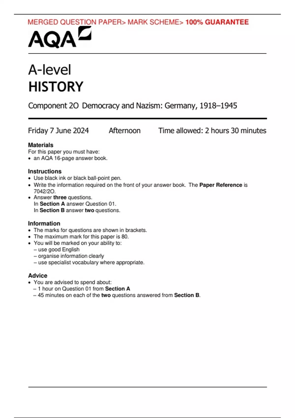 AQA JUNE 2024 A-level HISTORY Component 2O Democracy and Nazism ...