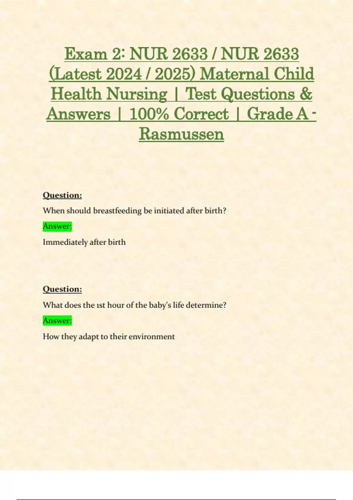 Exam 2: NUR 2633 / NUR 2633 (Latest 2024 / 2025) Maternal Child Health ...