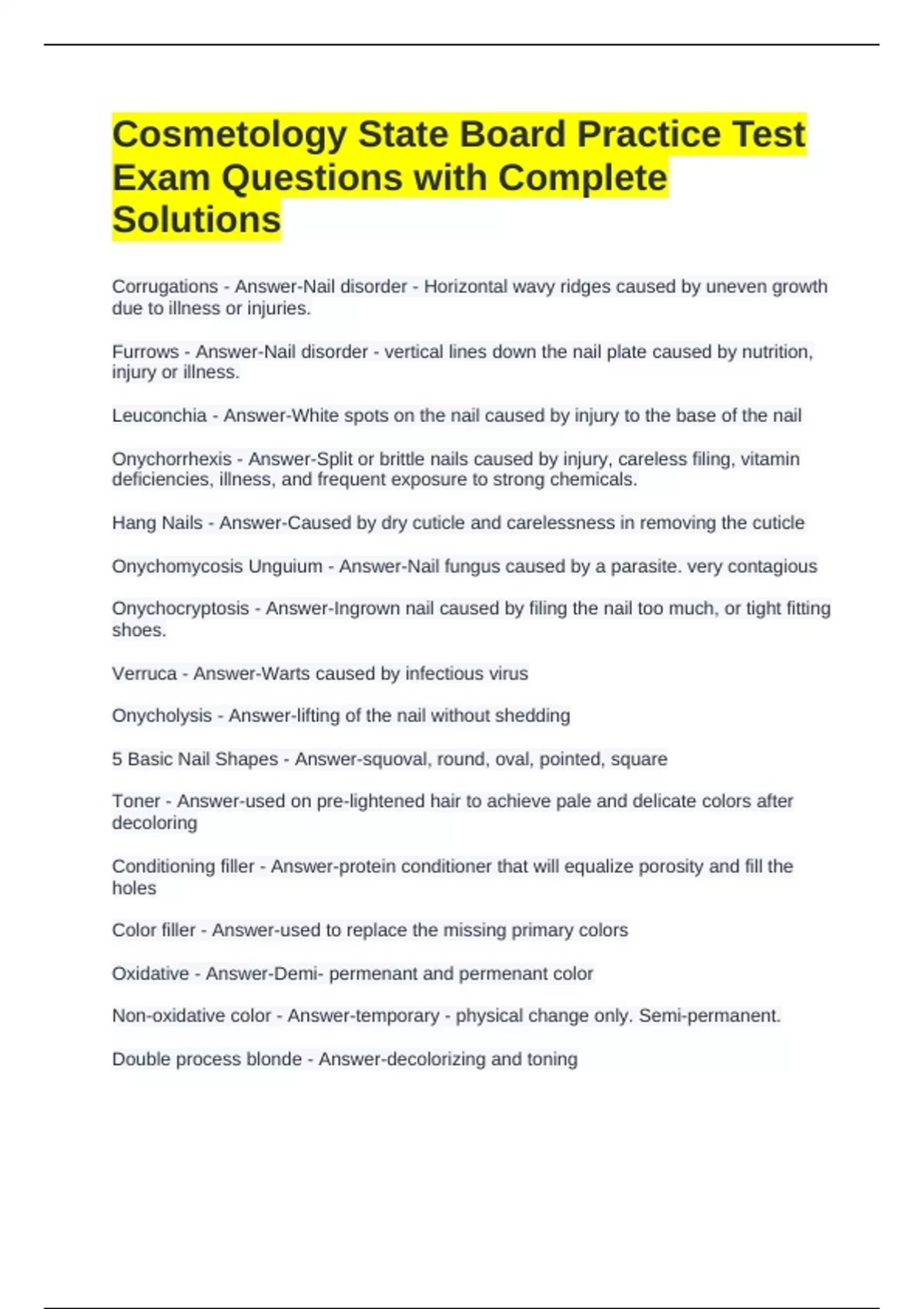 Cosmetology State Board Practice Test Exam Questions with Complete ...