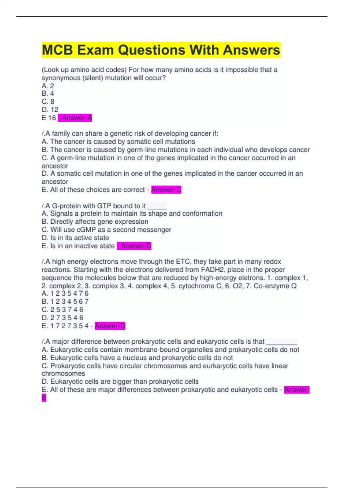 MCB Exam Questions With Answers - MCB - Stuvia US