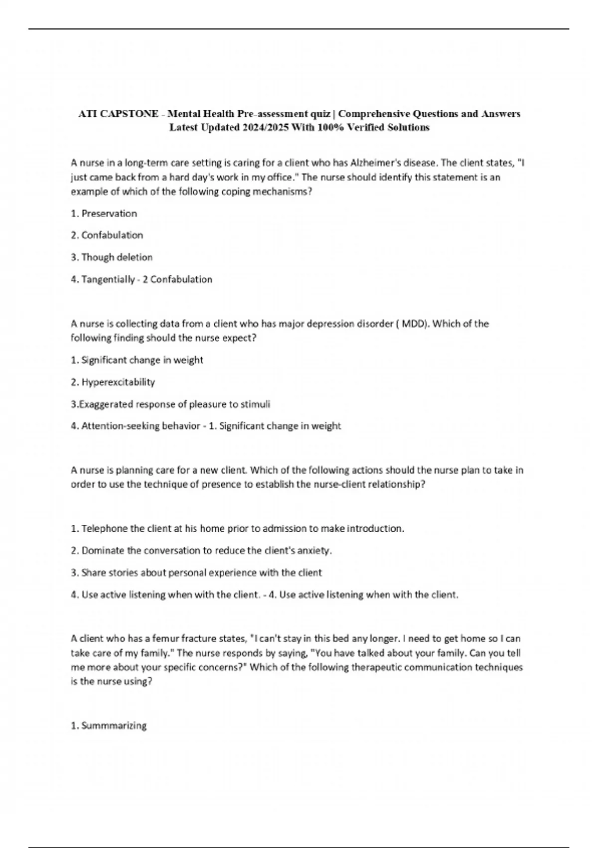 ATI CAPSTONE - Mental Health Pre-assessment quiz | Comprehensive ...