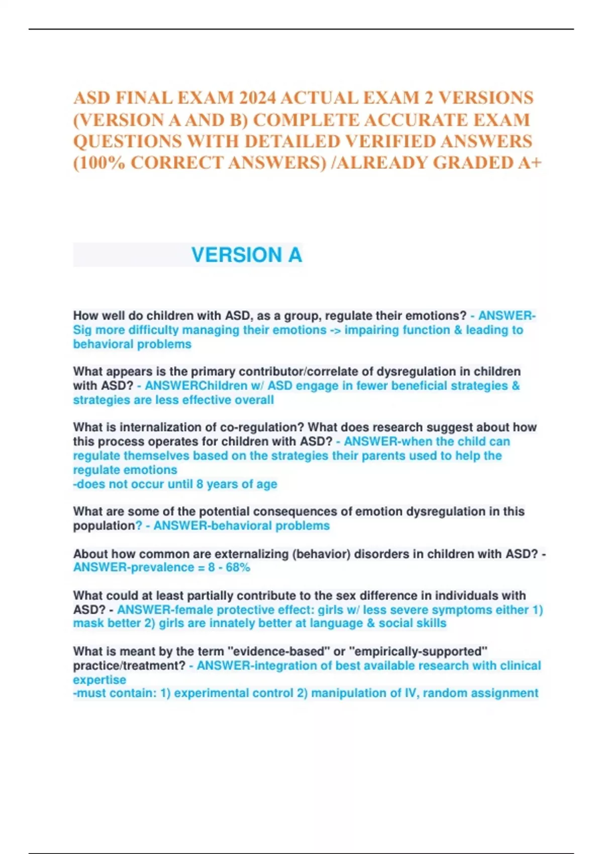 ASD FINAL EXAM 2024 ACTUAL EXAM 2 VERSIONS (VERSION A AND B) COMPLETE ...