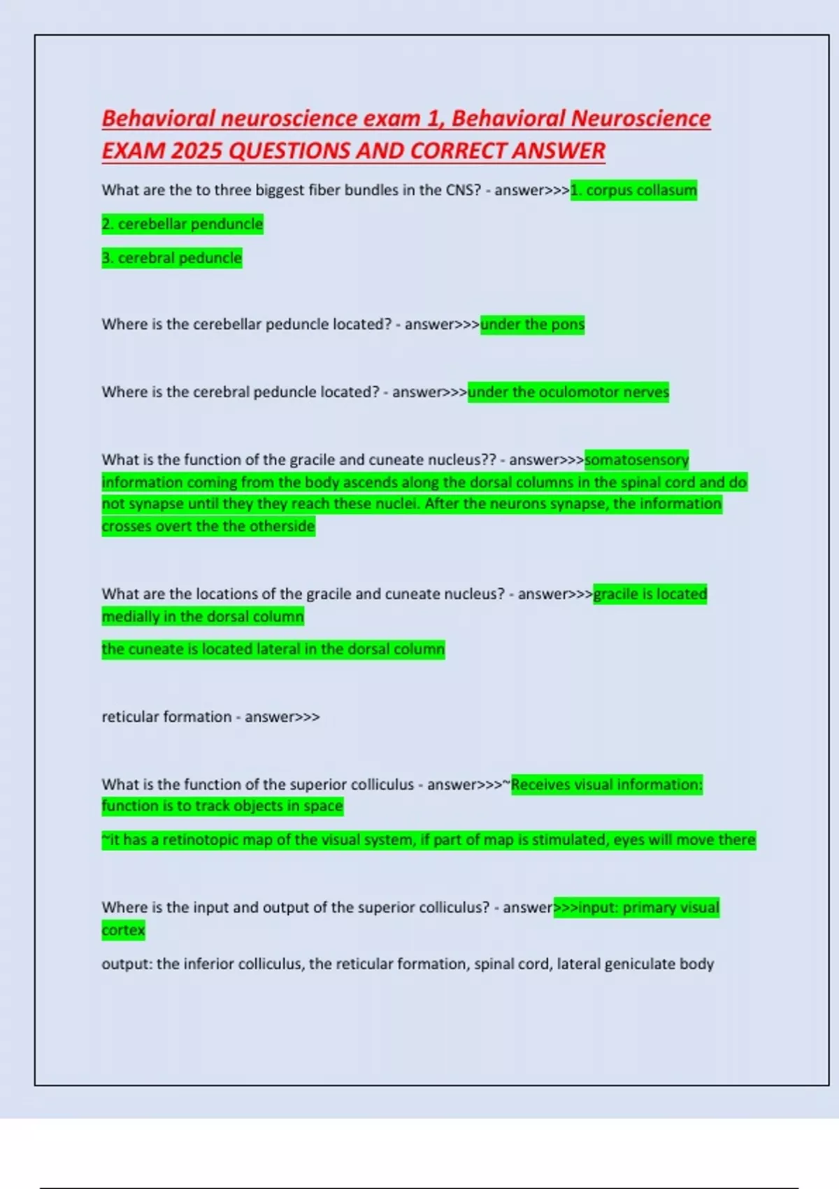 Behavioral neuroscience exam 1, Behavioral Neuroscience EXAM 2025 QUESTIONS AND CORRECT ANSWER ...