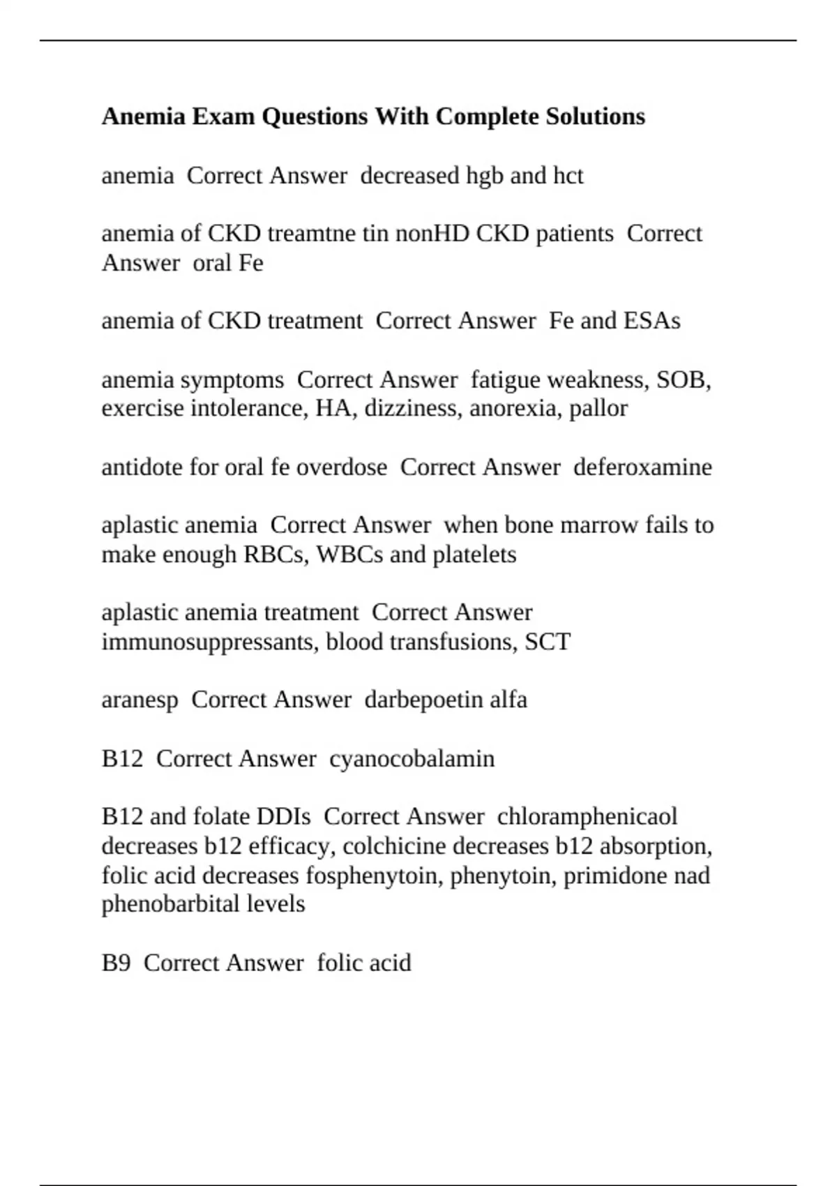 Anemia Exam Questions With Complete Solutions - Anemia - Stuvia US