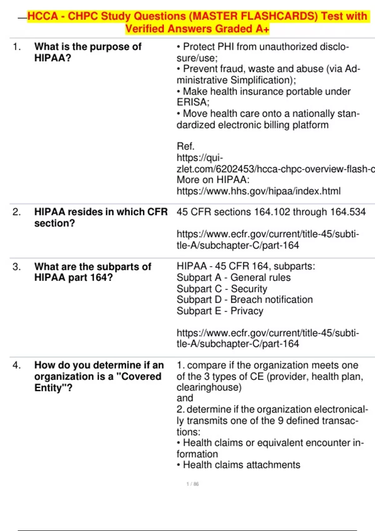 HCCA - CHPC Study Questions (MASTER FLASHCARDS) Test with Verified ...